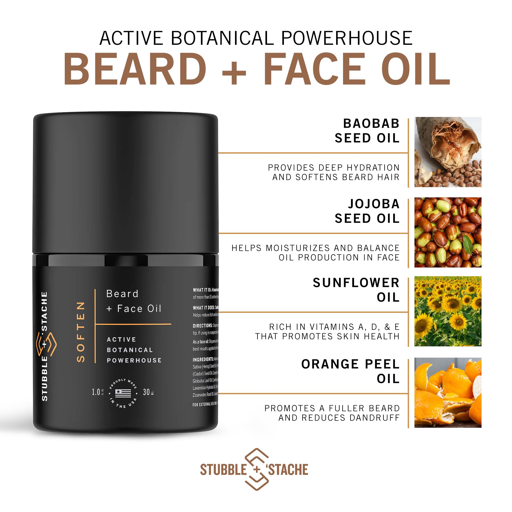 stubble & stache Hydrating Beard & Face Oil for Men – Unique Blend of Cold-Pressed Oils to Soften, Hydrate, and Refresh Skin & Beard – Naturally Scented, Perfect for Daily Grooming – 1 fl oz