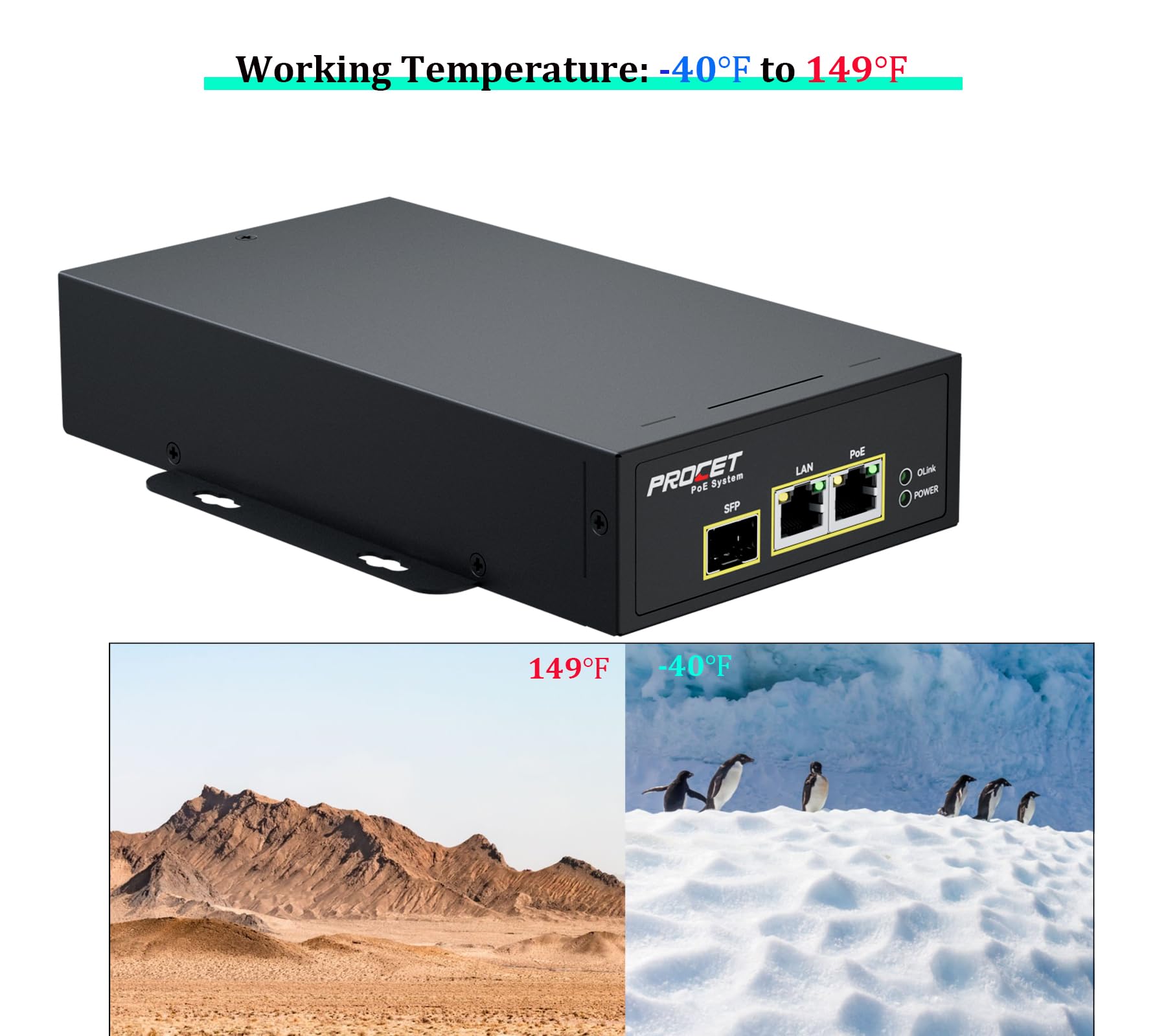 PROCET PoE Iniector 75W Active PoE++ Industrial Grade Gigabit PoE Power Injector, 6KV Surge Protection, -40°F to 149°F for PTZ Camera, Wireless AP, PoS System, Kiosks, PT-PSE107GHRO-A