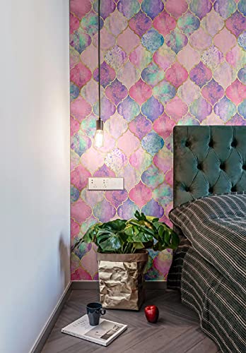 Blooming Wall DPY40 Peel and Stick Pink Multicolor Trellis Wallpaper Self-Adhesive Removable Wallpaper Wall Mural Wall Decor