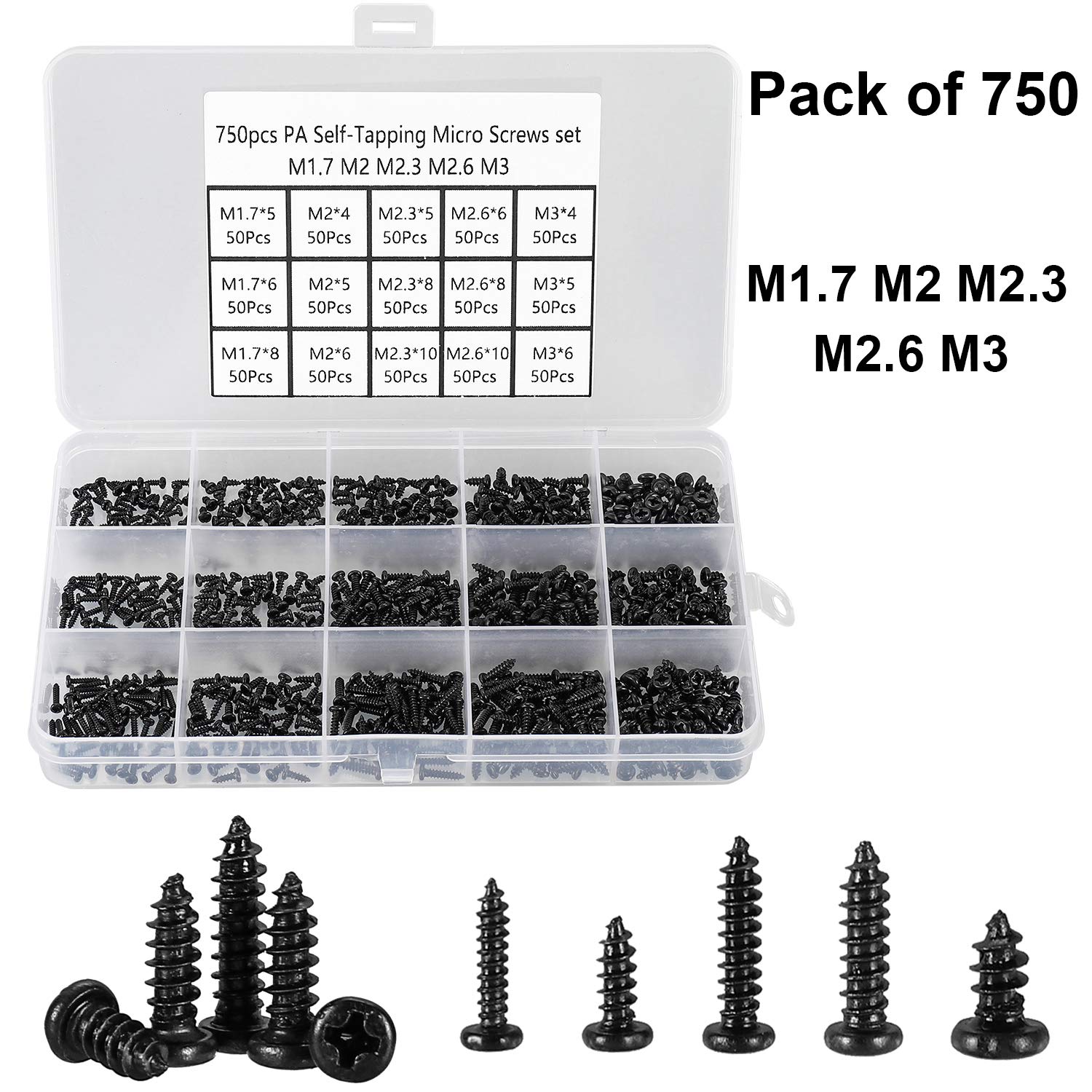 HanTof 750Pcs Small/Micro/Tiny/Mini Self-Tapping Screws,M1.7 M2 M2.3 M2.6 M3 Phillips Pan Head Screws for Laptop Computer Repair,Cross Recessed Wood Screws,DIY Electronic Screws,Carbon Steel (Black)