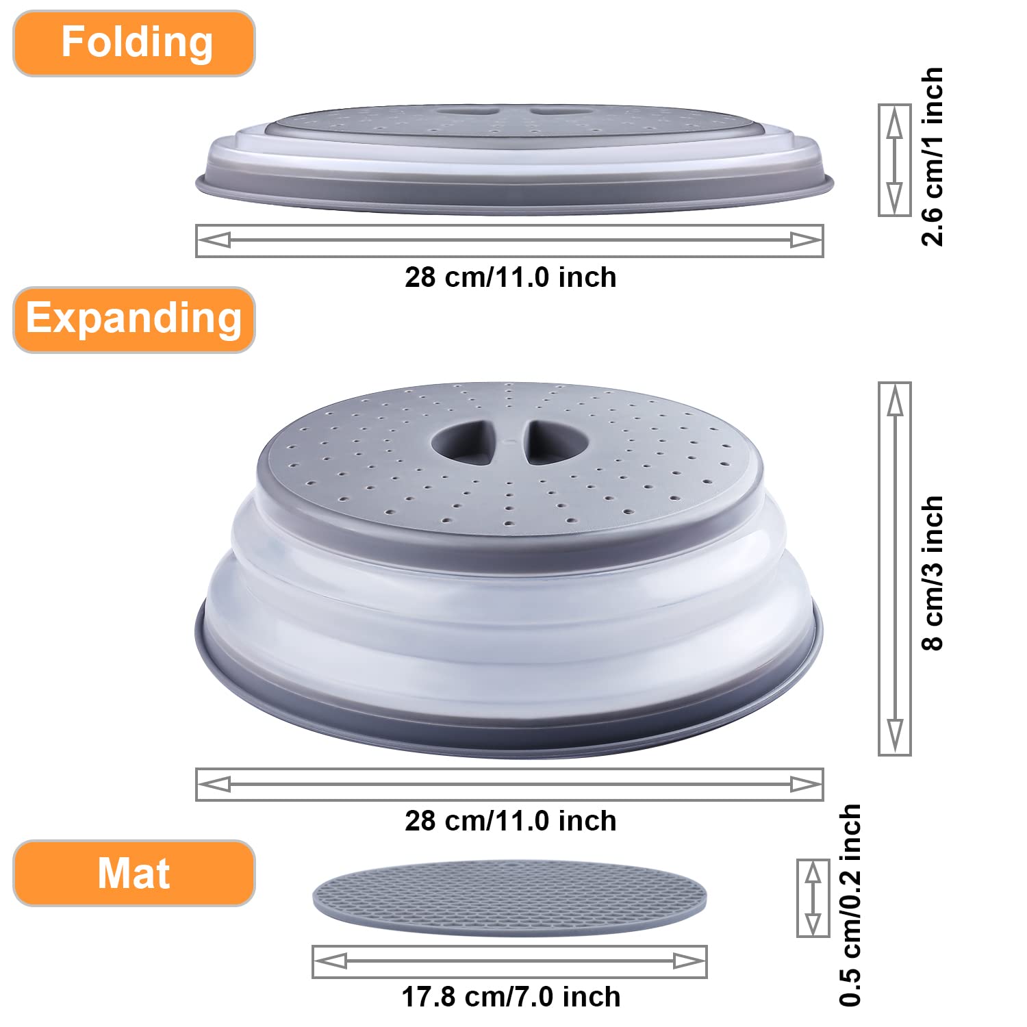 ANZEKE Vented Collapsible Microwave Splatter Cover,Food Cover,Colander Kitchen Gadget,Include Anti-scald Silicone Mats,Dishwasher-safe,BPA-FreeSilicone & Plastic(2Set Grey And Red)