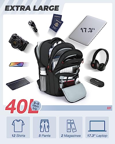 BAGSMART Travel Laptop Backpack Men Women, Extra Large Work 17.3 Inch Computer Backpack Airline Approved Carry On with Water-Repellent, Charging Hole, for Business Work College Hiking Weekender, Black