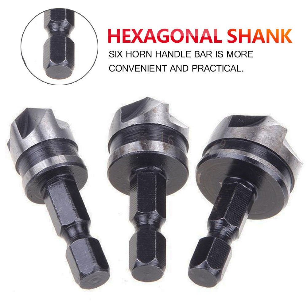 Yakamoz 3Pcs 1/4 Inch Hex Shank 5 Flute 90 Degree Chamfering Countersink Drill Bit Set | 12mm 16mm 19mm