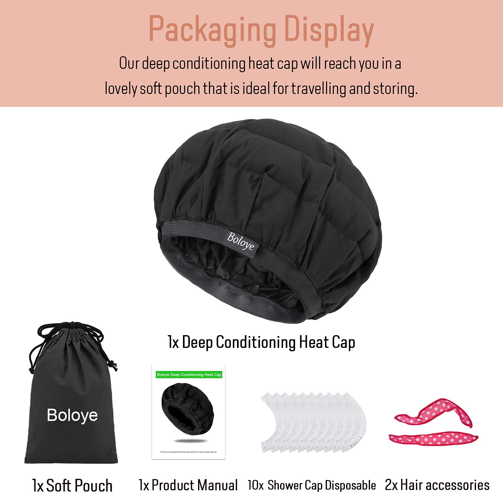 Flaxseed Deep Conditioning Heat Cap - Boloye Cordless 100% Safe Microwave Hot Cap for Natural Curly Textured Hair Care, Drying, Styling, Curling, Universal size (10 PCS One-time shower cap) (Black)