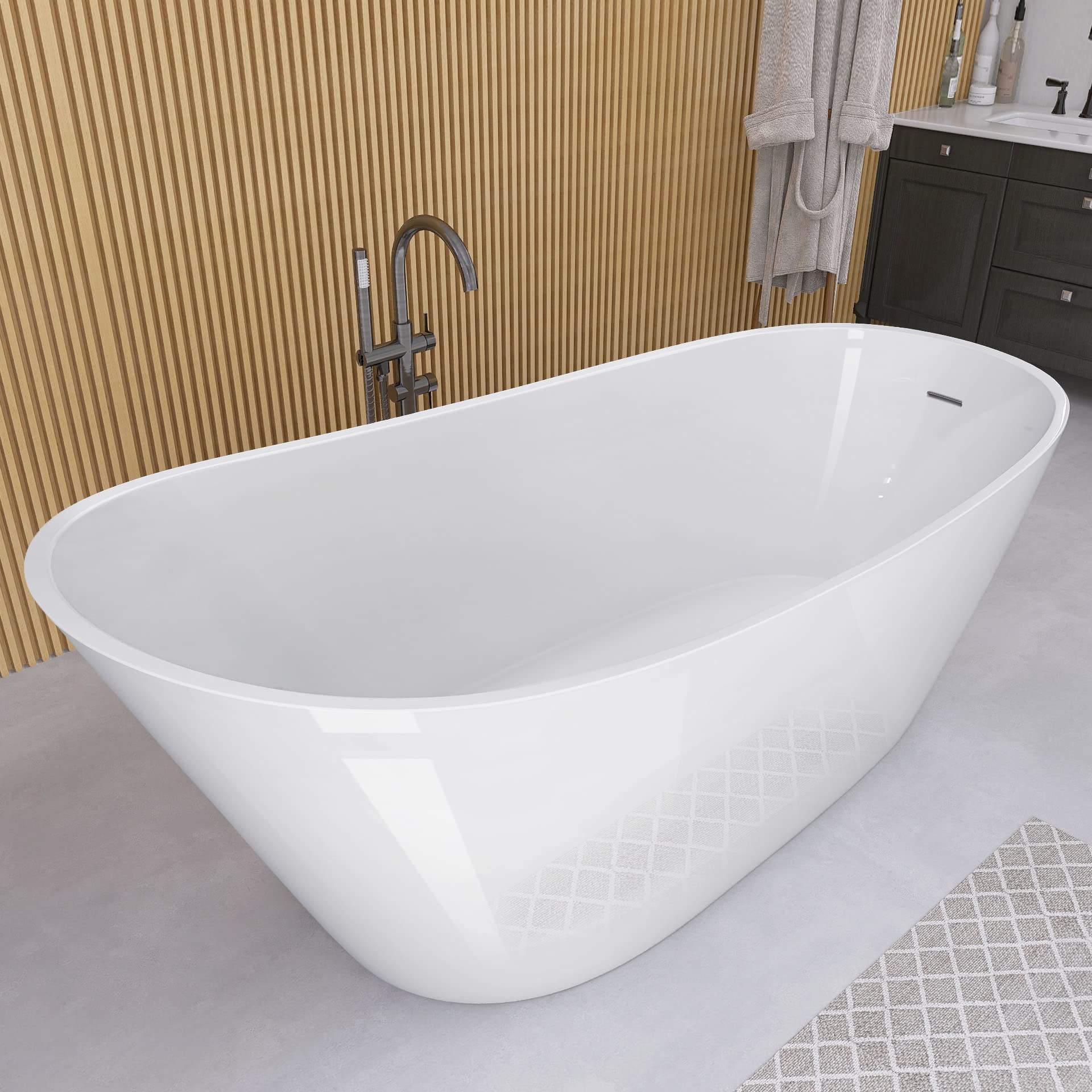 GETPRO Free Standing Tub 59" Acrylic Freestanding Bathtub Adjustable Soaking Bath Tub Oval Shape with Integrated Slotted Overflow and Chrome Anti-clogging Drain Glossy White