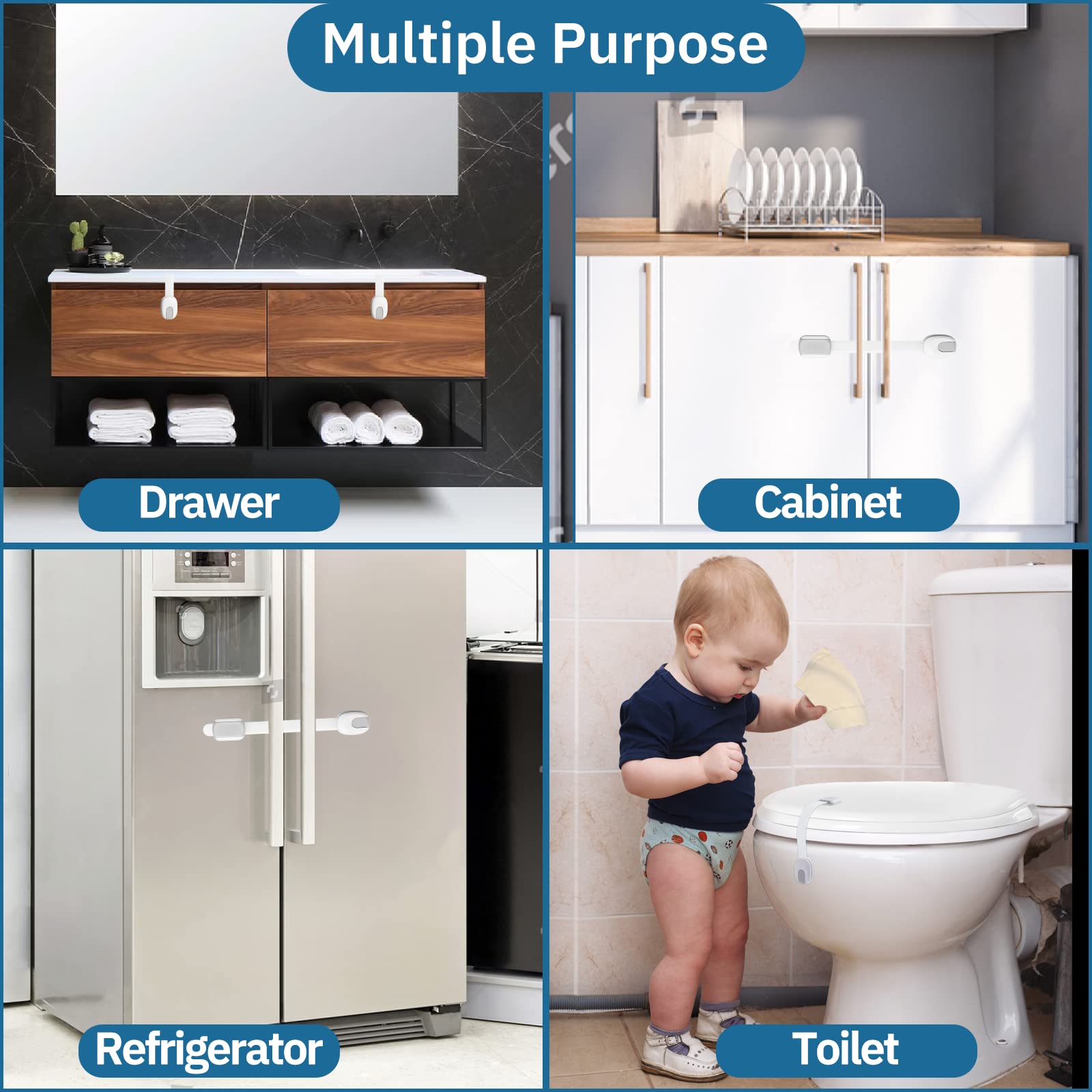 Mum & Cub Child Safety Locks, Baby Proofing Latches for Cabinet, Drawer, Toilet, Refrigerator, Oven, Dresser and More, Strap Design, Strong Adhesive, Easy to Use (4 Locks, 4 Outlet Plug Covers)