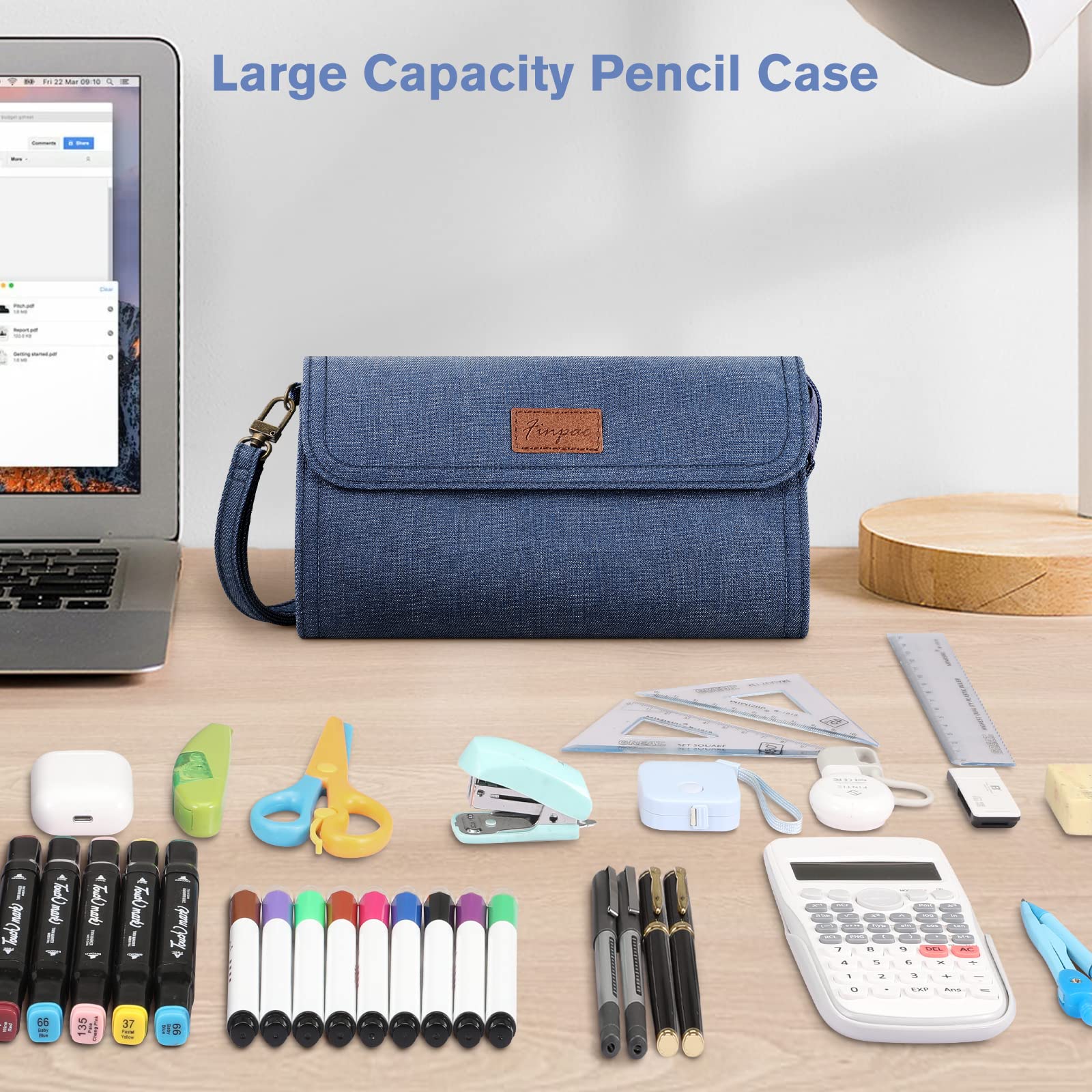 FINPAC Big Capacity Pencil Case, Pen and Marker Holder Organizer Bag, Canvas Pencil Box Stationery Pouch w/Zipper and Wrist Strap for Adults Artist College Senior, Navy