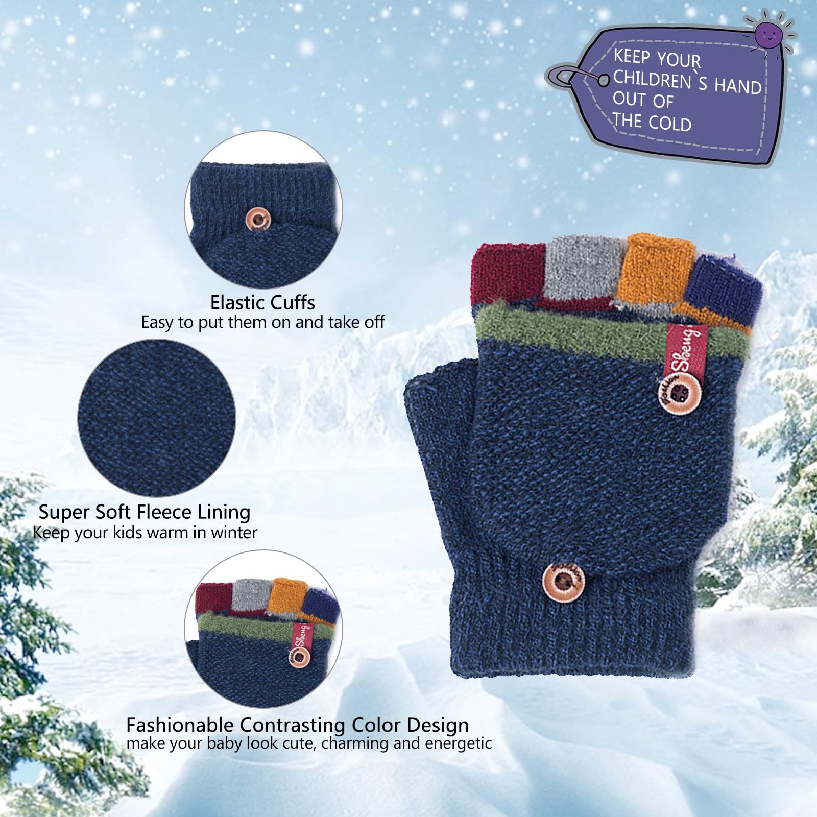 Kids Winter Gloves, Warm Knitted Convertible Fingerless Gloves for Baby Boy Girl with Mittens Cover Cap