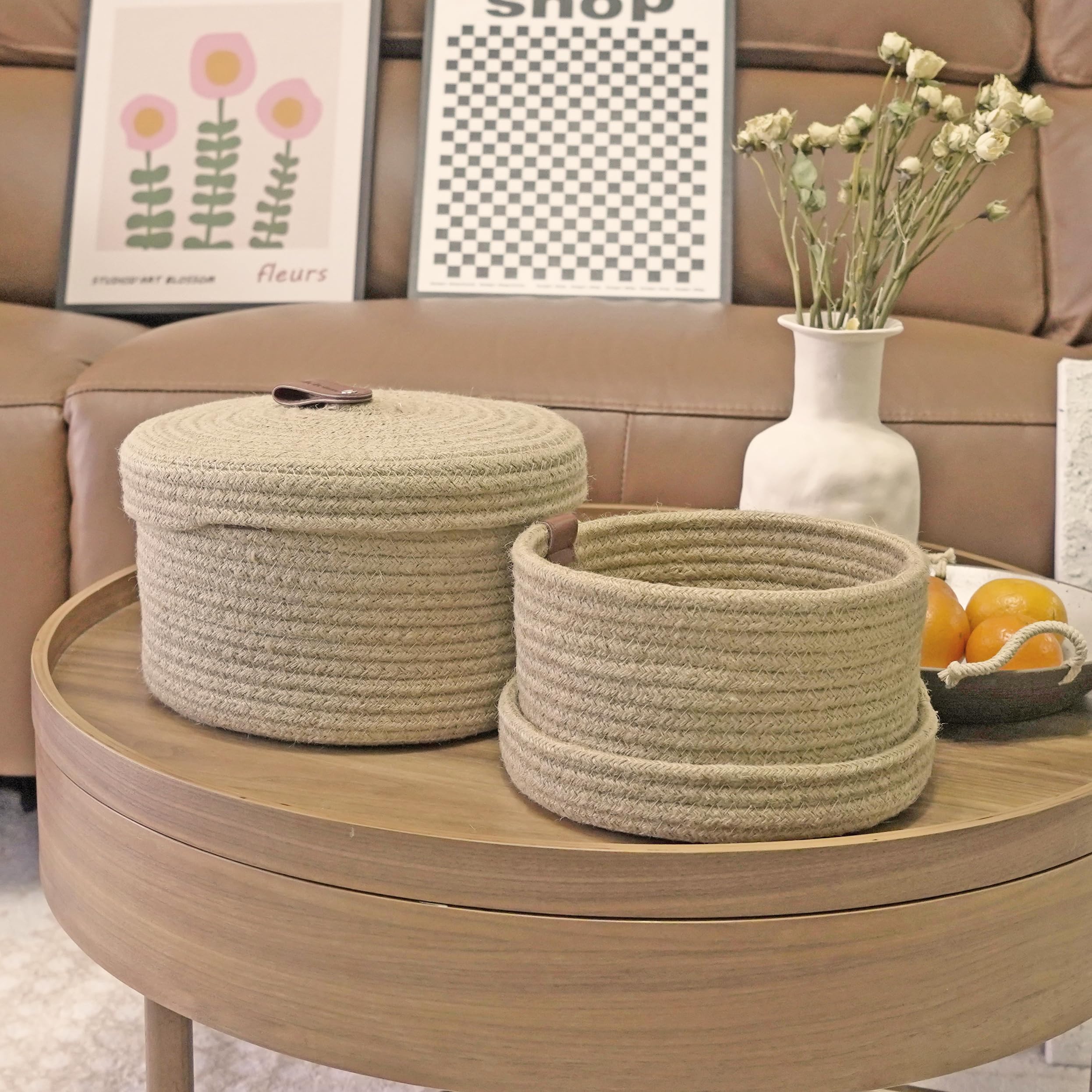 Aplolemo Jute Rope Basket with Lid,Decorative Woven Baskets with Lids,Leather Design Lidded Round Basket,Small Basket with lid,Storage Baskets with Lids-Set of 2(10"x6"/8.5"x5")