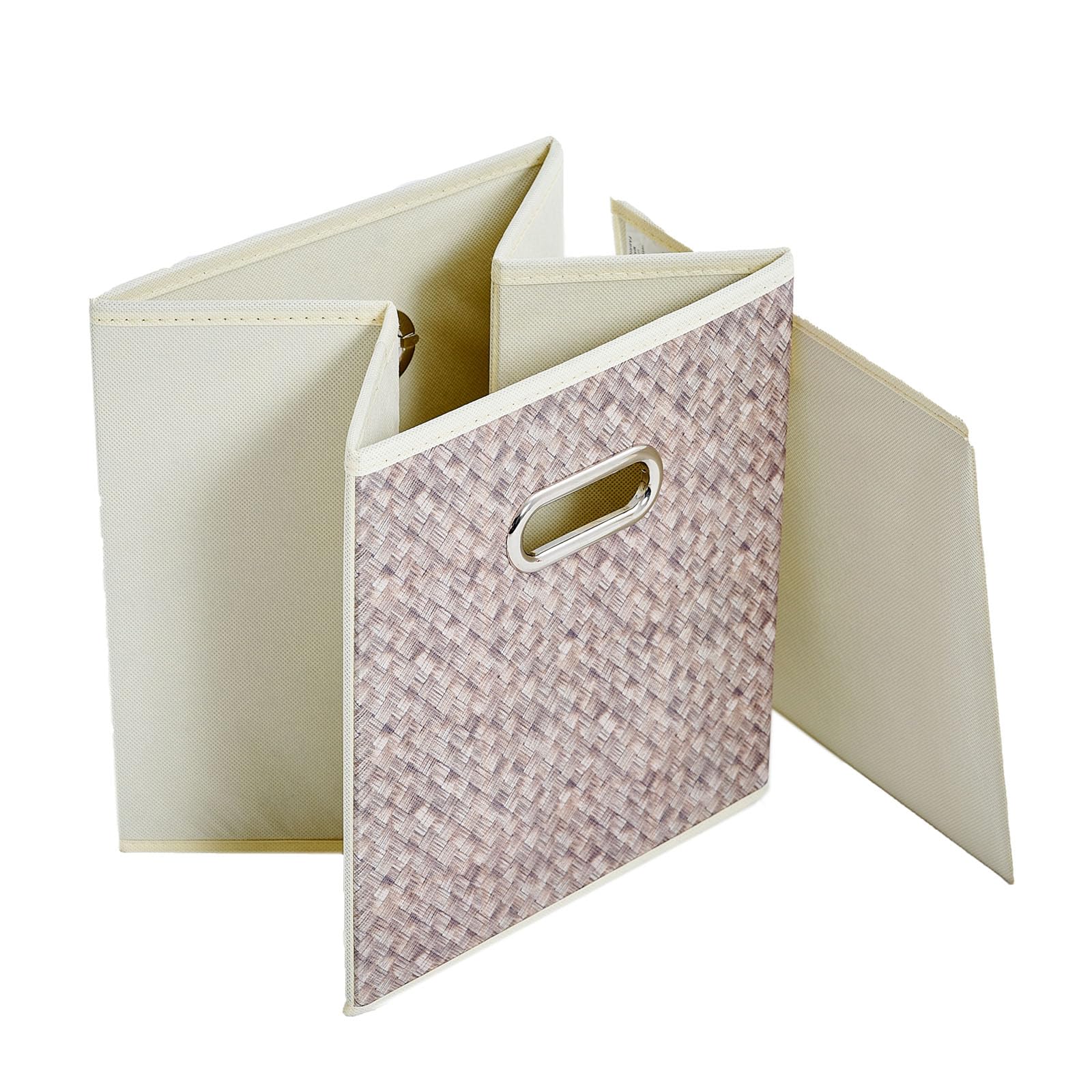 SHACO 6 Pack Beige Woven Pattern Foldable Storage Cubes Bins,10.5"x10.5" Fabric Storage Bins with Double Metal Handles,Set of 6 Closet Organizers for Shelves Cabinet Bookcase