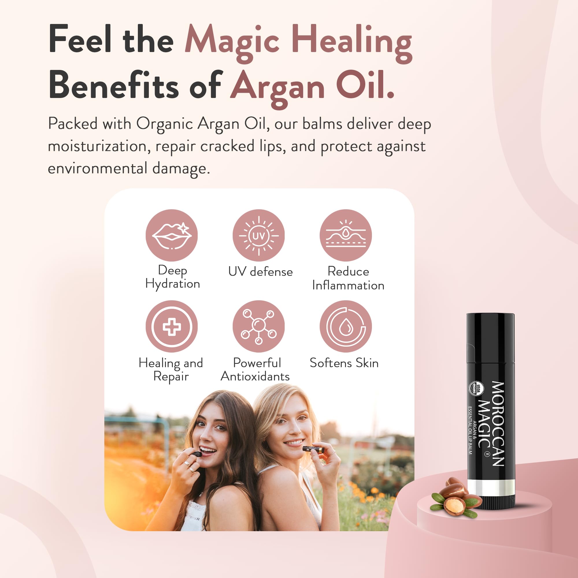Organic Moroccan Magic Lip Balm 3 Pack | Original Unscented Lip Balm Set | Chapsticks for Dry Lips | Made with Natural Argan, Essential Oils Lip Moisturizer and Vitamin E | Smooth Application