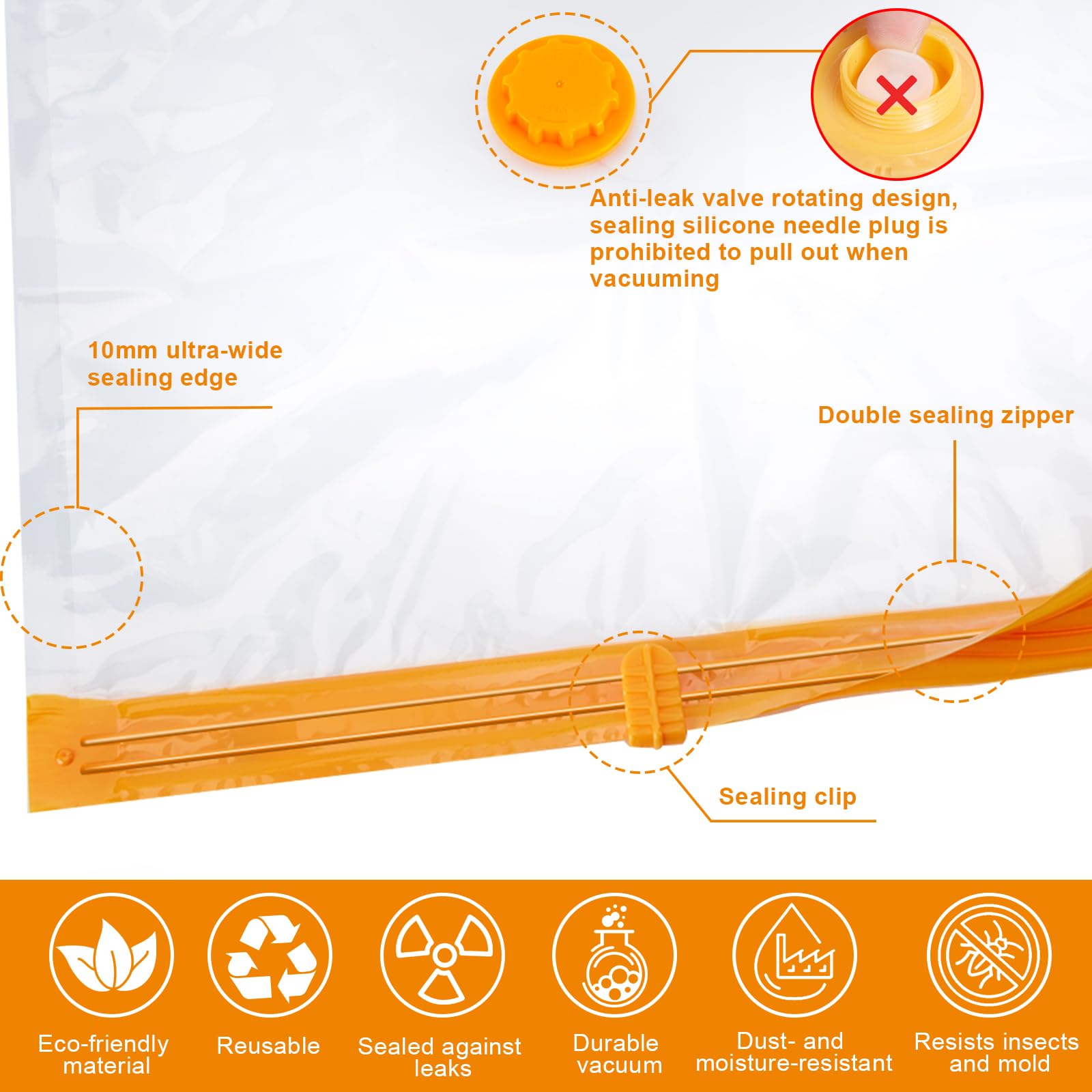 AGPTEK Large Vacuum Bags, 10 Bags a Set, Durable & Reusable Storage Bags- Perfect Space-Saving Solution for Clothes, Blankets, Comforters, and More. Ideal for Home Storage and Travel(No Pump Include)