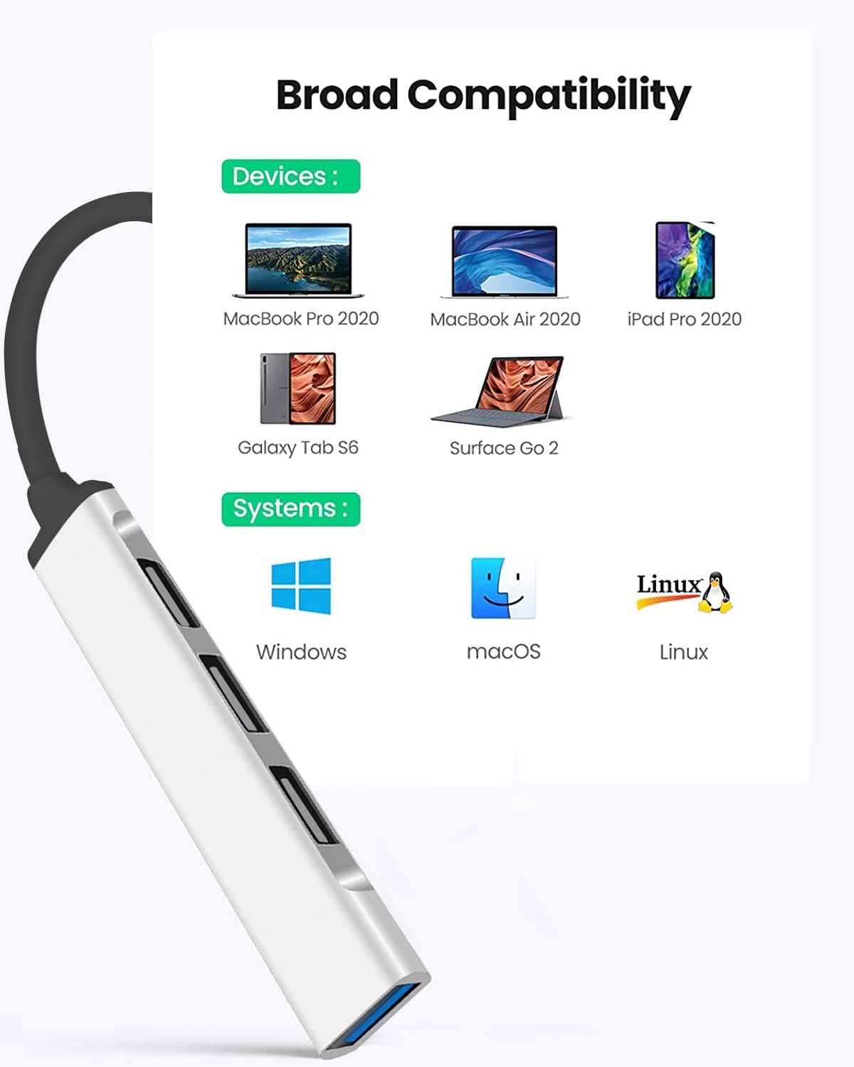 Auorange USB Hub, 4-Port USB 3.0 2.0 Hub USB Splitter Charging Supported Compatible with MacBook, Laptop, Surface Pro, PS4, PC, Flash Drive, Mobile HDD