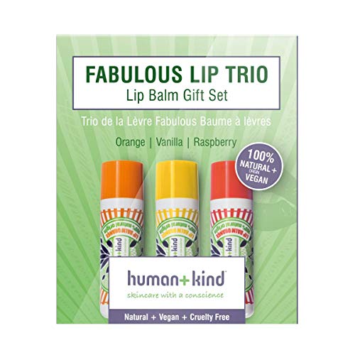 Human+Kind Fabulous Lip Trio - Raspberry, Orange, and Vanilla Natural Hydrating Lip Balm Collection - Ultra Moisturizing Chapstick with Vitamin E and Jojoba Oil - Repair Dry, Cracked Lips - 3 pc