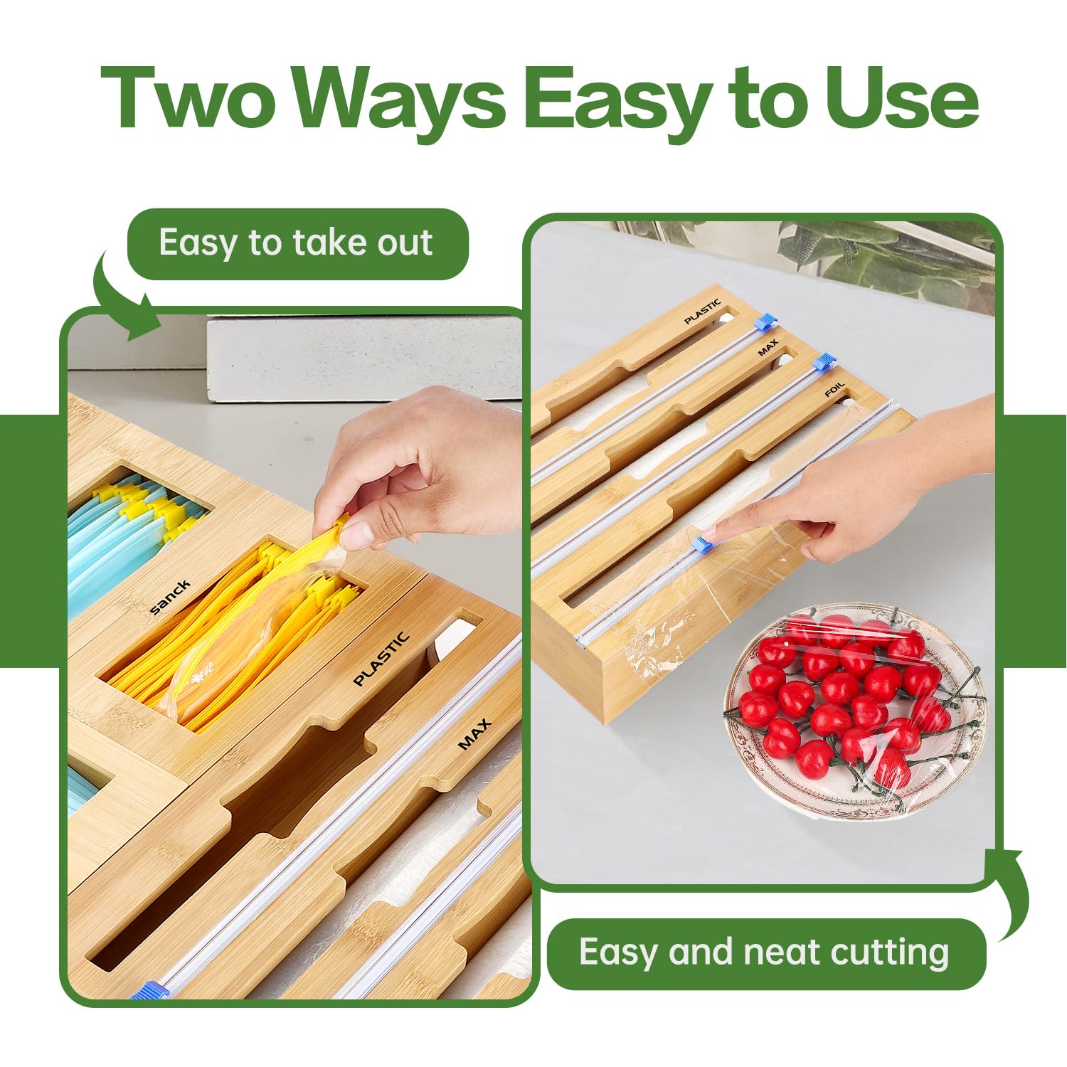 8 in 1 Plastic Wrap Dispenser with Cutter and Bag Organizer, Bamboo Plastic Bag Organizer for Drawer, Kitchen Organizers and Storage, Kitchen Drawer Organizer for Gallon,Quart,Sandwich,Snack Bag