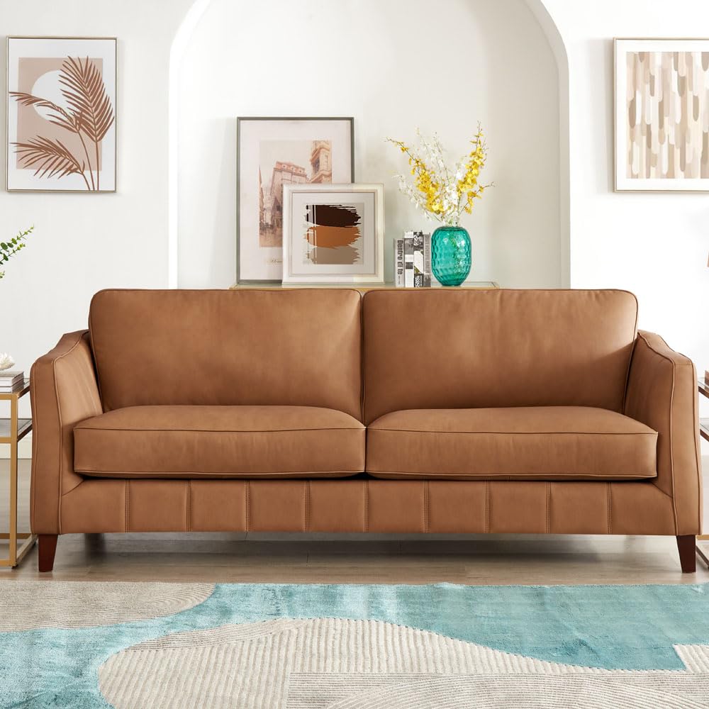 Hydeline Aria Top Grain Leather Sofa Couch, 84", Saddle, Feather Down, Memory Foam and Springs Seating