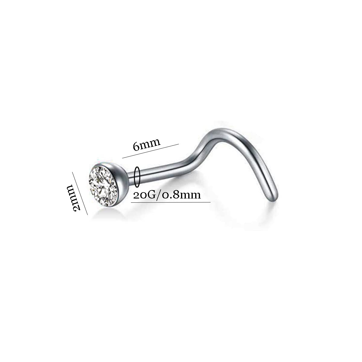 5pcs 18G 20G Small Twist Screw Shaped Titanium Nose Screw Studs 2mm Clear CZ Nose Ring for Women and Men | White/AQ/Pink/AB/VM Cubic Zircon Nose Piercing