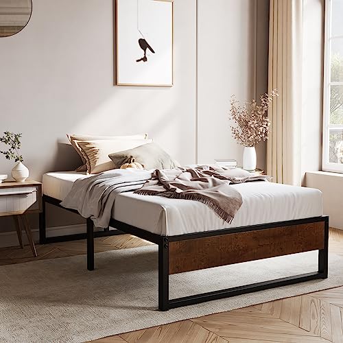 SHA CERLIN 14'' Twin Size Metal Platform Bed Frame with Rustic Wood & Reverse Holes/Ample Under-Bed Storage Space/Mattress Foundation/No Box Spring Needed/Easy Assembly/Noise Free, Metal Slats