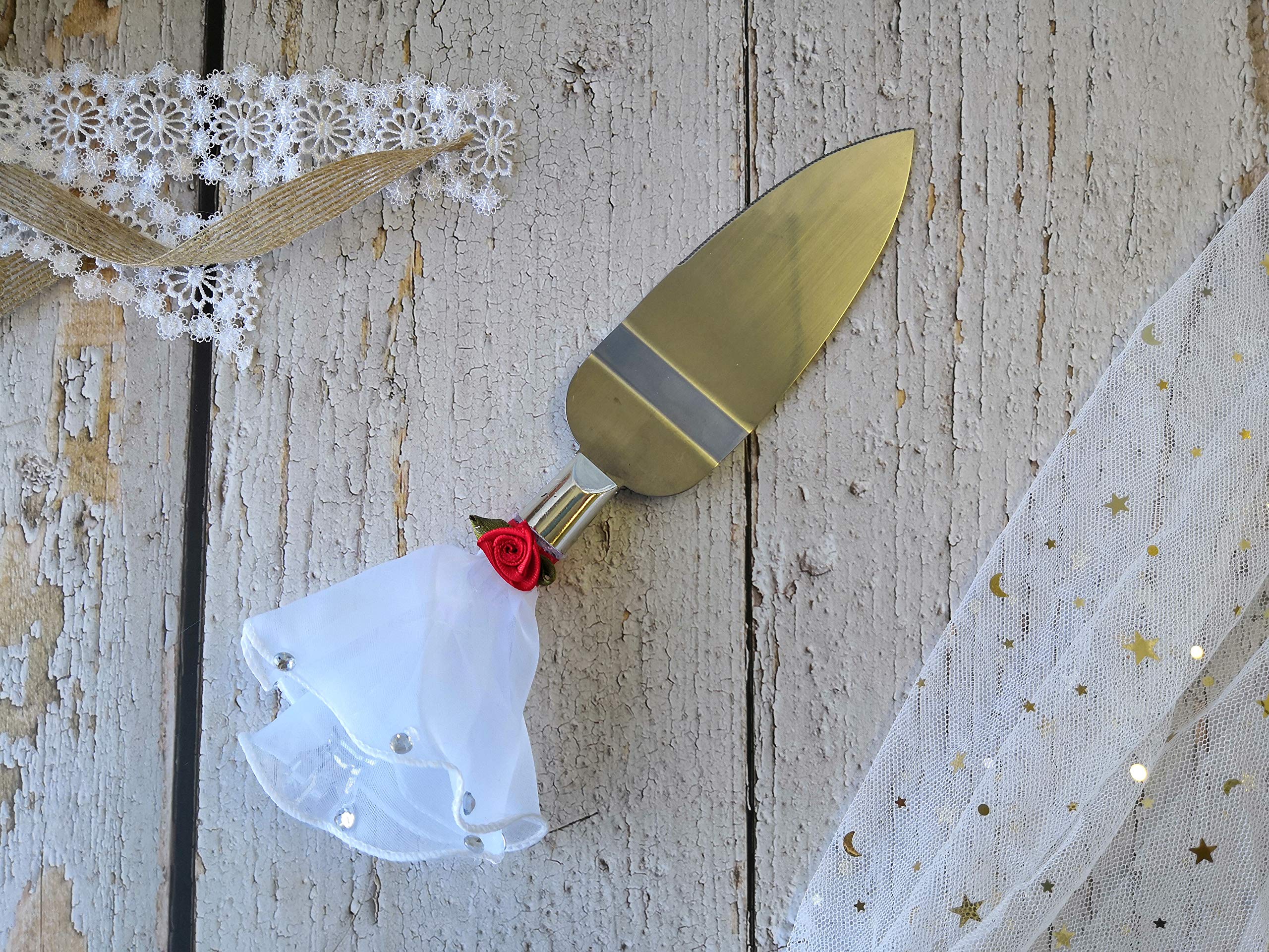 Abbie Home Wedding Anniversary Cake Knife and Server Set in Grey and White- Silk Bow Tie and Red Rose Rhinestone Lace Decoration (Cake Knife&Server Set)