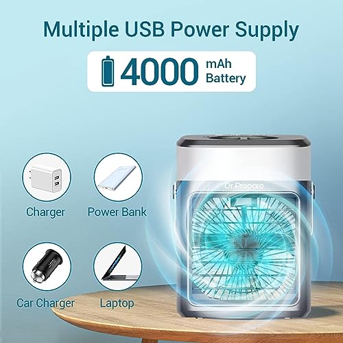 Dr. Prepare Portable Air Conditioner Rechargeable Personal Evaporative Air Cooler with 3 Powerful Speeds, Timer and 7 Color Night Light, Small Desk Cooling Fan for Room, Home, Office, Camping