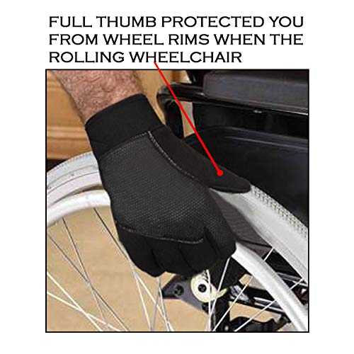 Rebz Wheelchair Gloves Disability Mobility Full Finger Breathable Non-Slip Material Good Grip Lightweight for Men and Women (Black, Large)