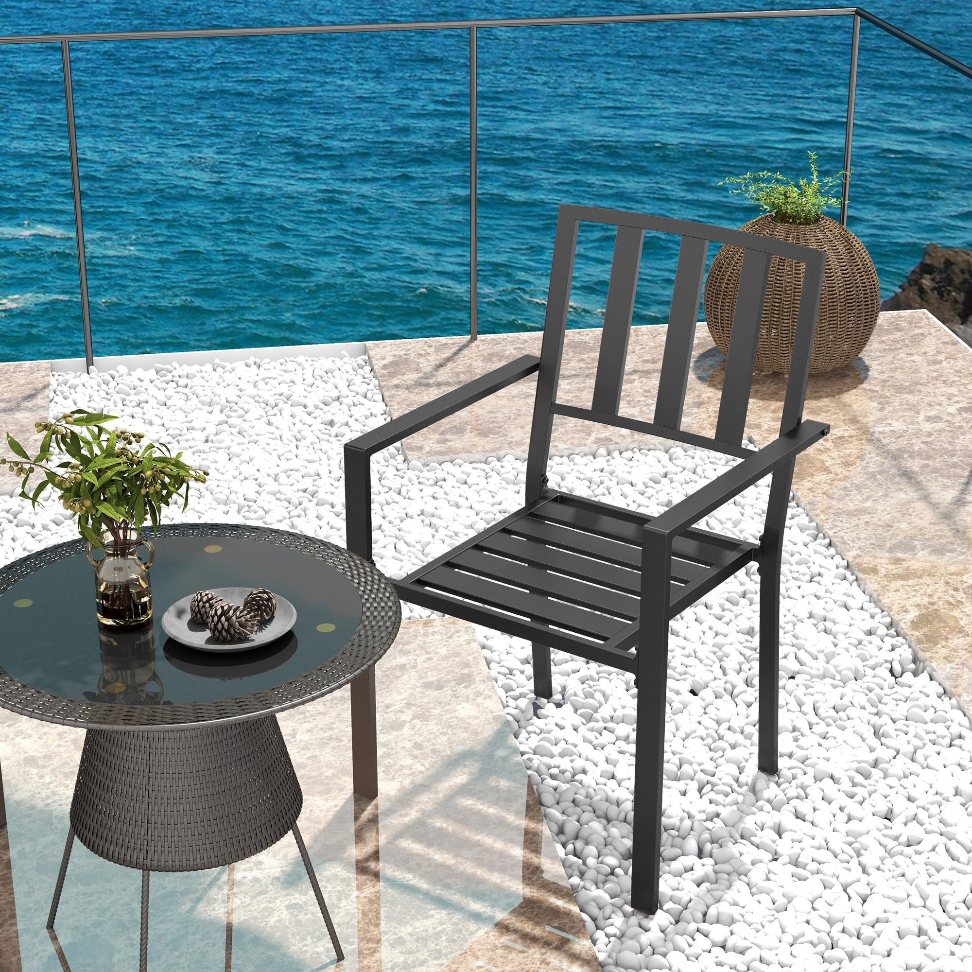 Outsunny Set of 2 Patio Dining Chairs, Stackable Outdoor Garden Bistro Chairs with Metal Slatted Seat & Backrest for Yard, Garden, Dark Brown