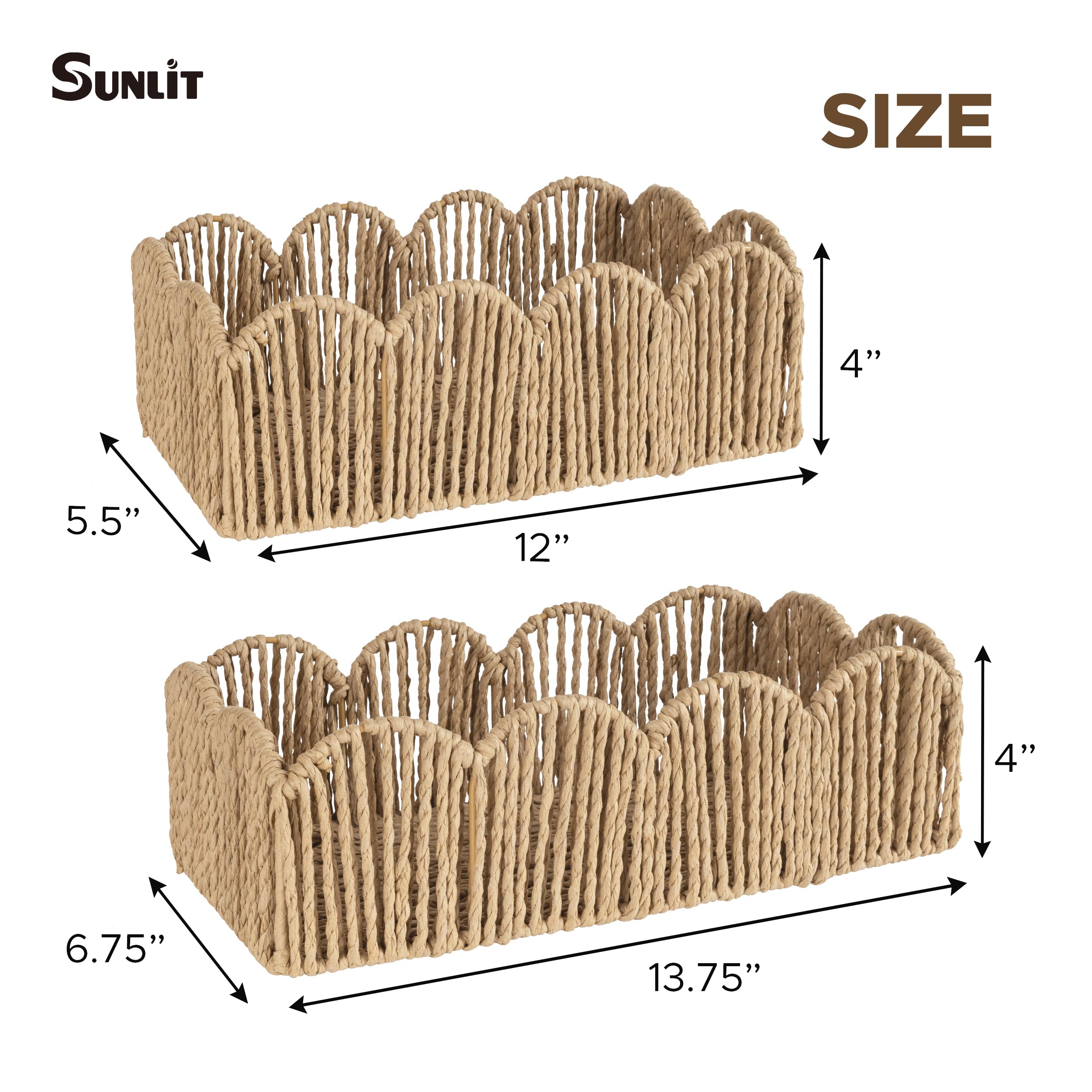 Sunlit Natural Fibre Farmhouse Storage Baskets, Hand Woven Bathroom Storage Boxes, Boho Toilet Paper Tank Basket, Decorative Storage Bins for Countertop, Bathroom Organizer Set of 2, Wavy, Natural