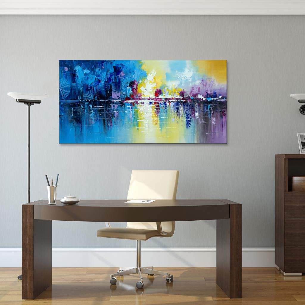 Abstract Cityscape Wall Art Handmade Blue Modern City Building Reflection Oil Paintings on Canvas