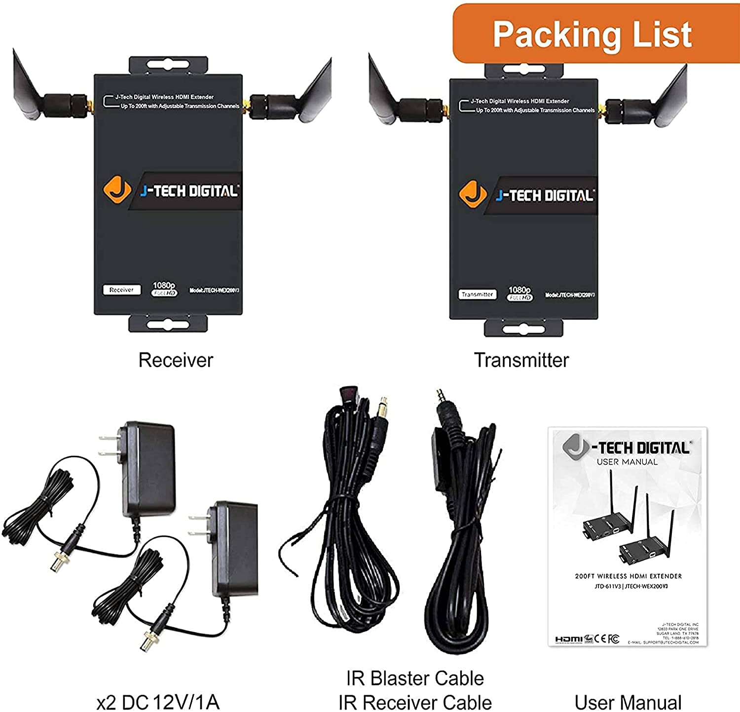 J-Tech Digital Wireless HDMI Extender 1X2 up to 200ft 1080P with HDMI Loop Output IR Passthrough (1TX + 1RX)
