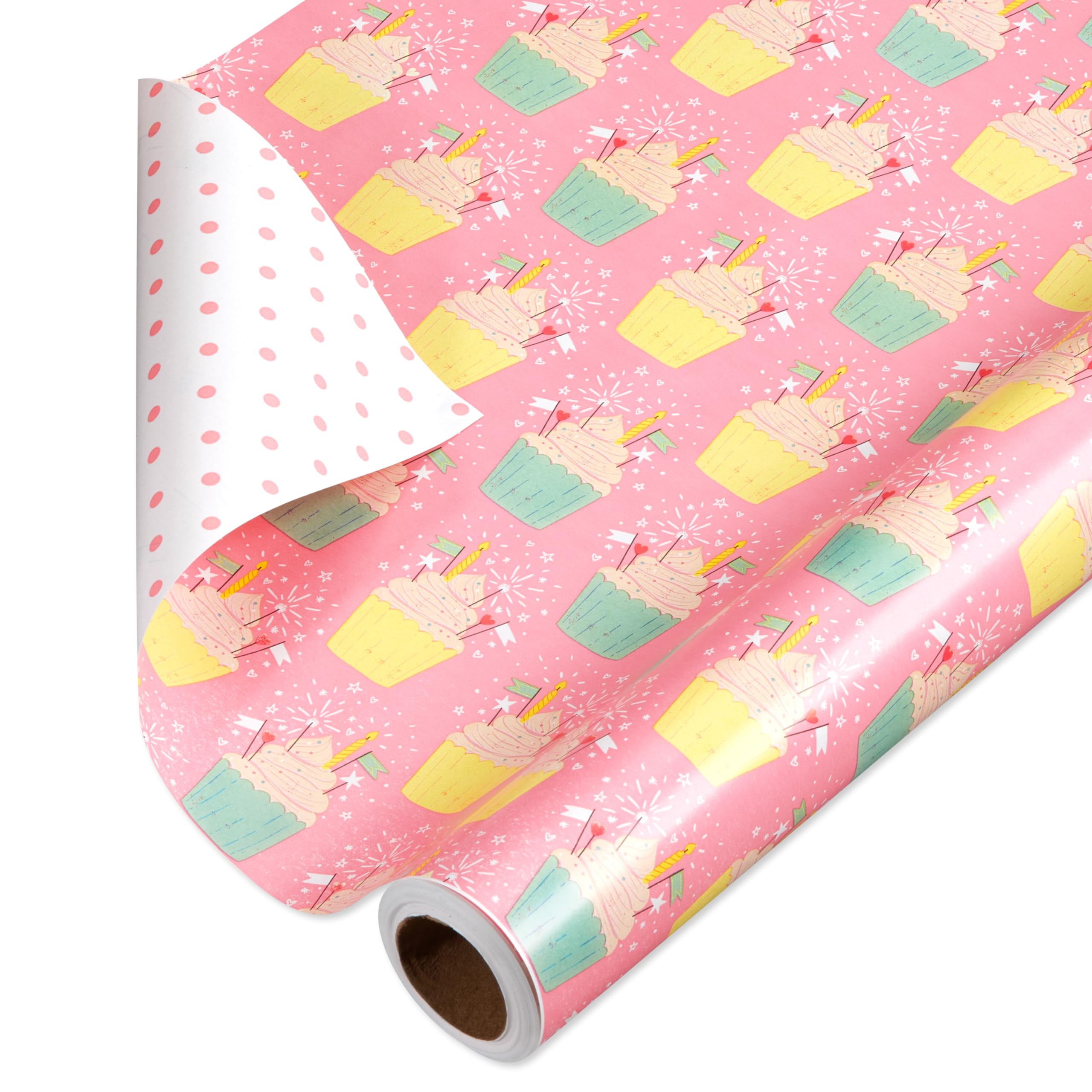 American Greetings 175 sq. ft. Reversible Wrapping Paper for Birthdays and All Occasions, Birthday Cupcakes (1 Roll, 30 in x 70 ft.)