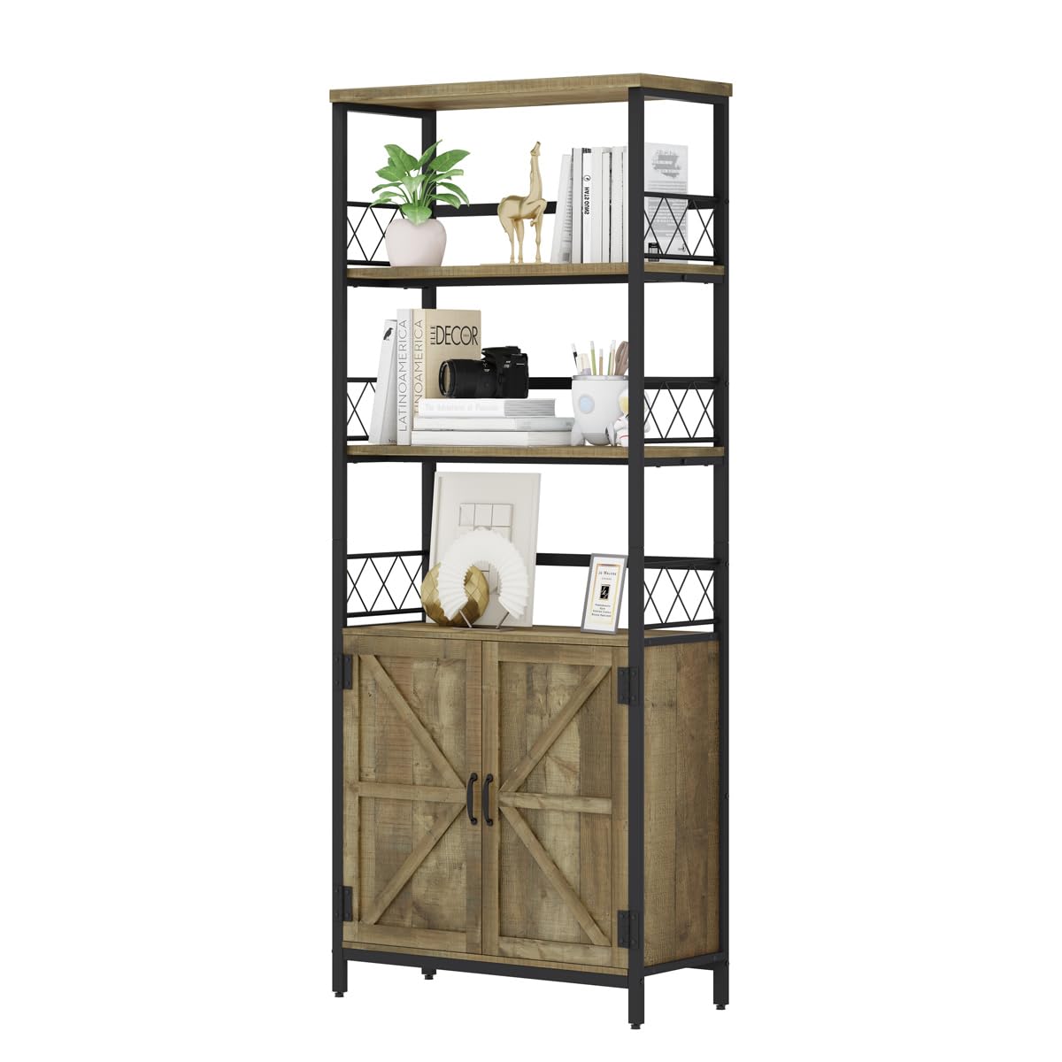 Aubtik Farmhouse Bookcase with Doors, Rustic Tall Book Shelf with Cabinet, Industrial Wood Metal Bookshelf with Storage for Home Office, Living Room, Classroom (Rustic Oak)