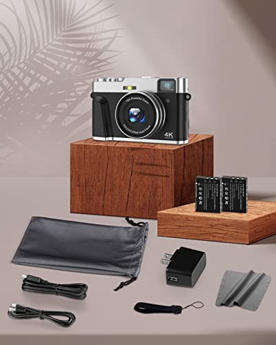 NEZINI 4K Digital Camera,Auto Focus 48MP Vlogging Camera for YouTube and Anti-Shake Video Camera with Viewfinder Flash & Dial,16X Zoom Travel Portable Digital Camera with 32GB Card,2 Batteries (Black)