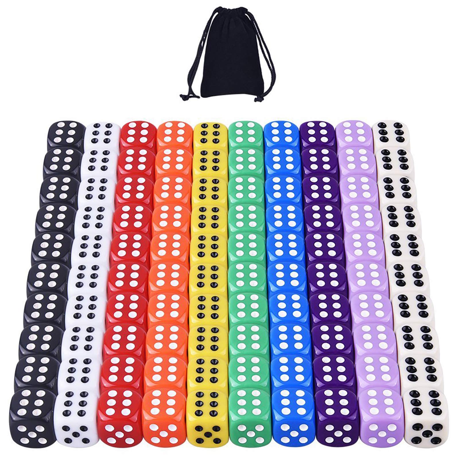 AUSTOR 100 Pieces Dice 6 Sided Game Dice Set, 10 x 10 16mm Acrylic Dice with Velvet Pouch for Tenzi, Farkle, Yahtzee, Bunco or Teaching Math