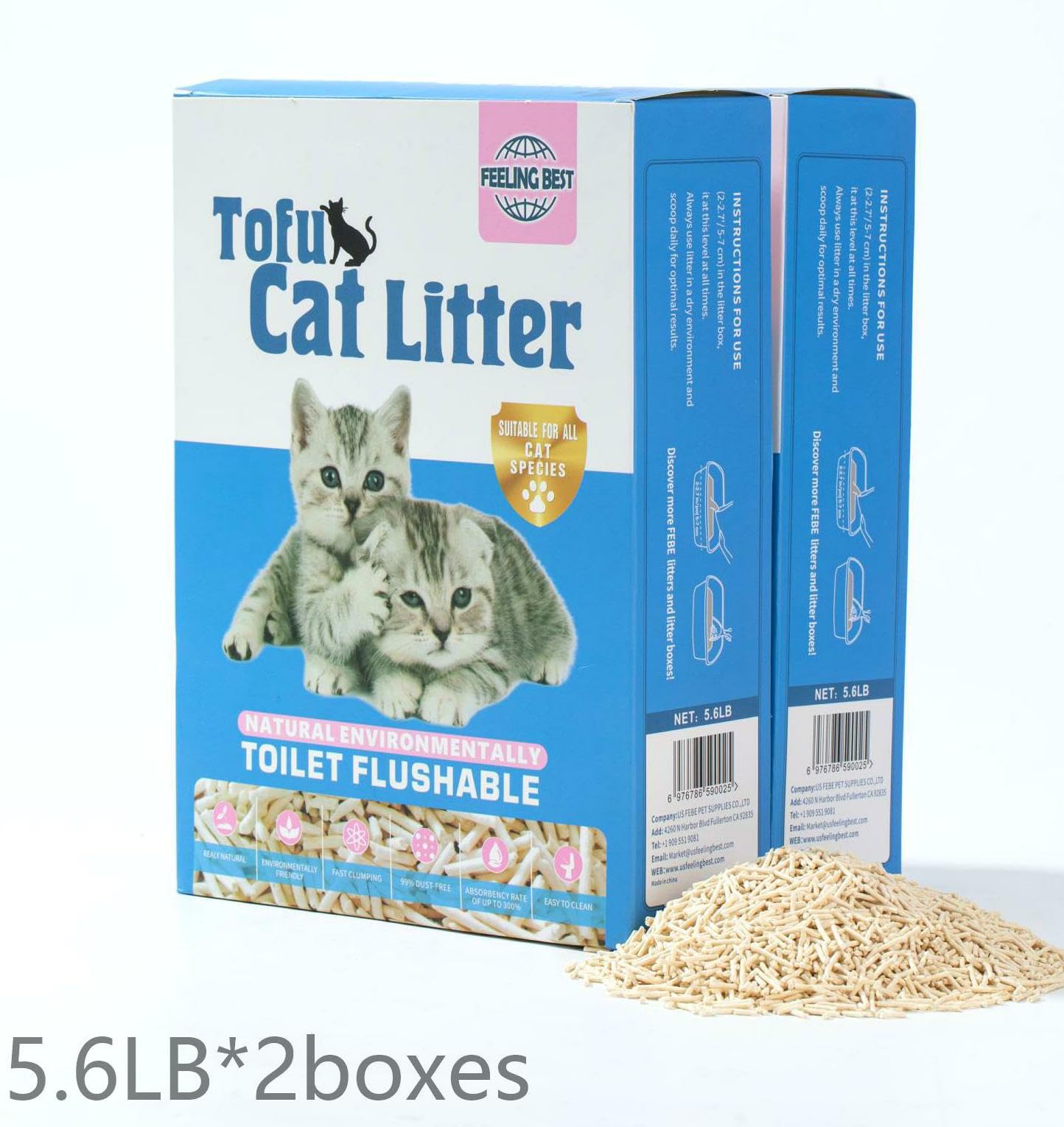 FEELING BEST Tofu Cat Litter 11.2LB(5.6lb×2bag) Clumping, 100% Food Grade Raw Materials, Clumping,Flushable,Ultra Absorbent and Fast Drying,Solubility in Water,Really Dust-Free,Less Scattering