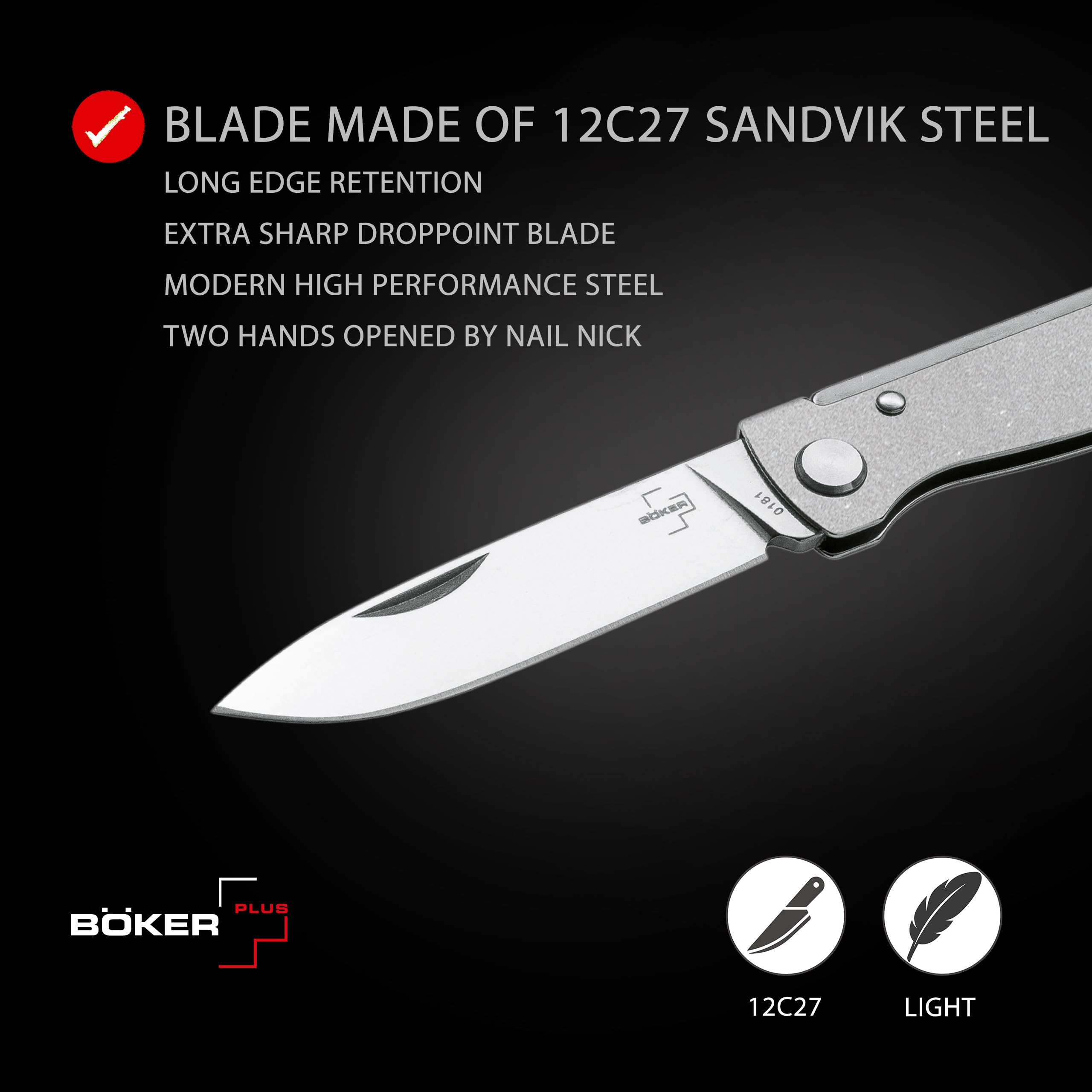 Boker Plus® Atlas SW - Slipjoint pocket knife with stainless steel handle scales - classic Folding knife with 12C27 blade - Slipjoint knife with knife case