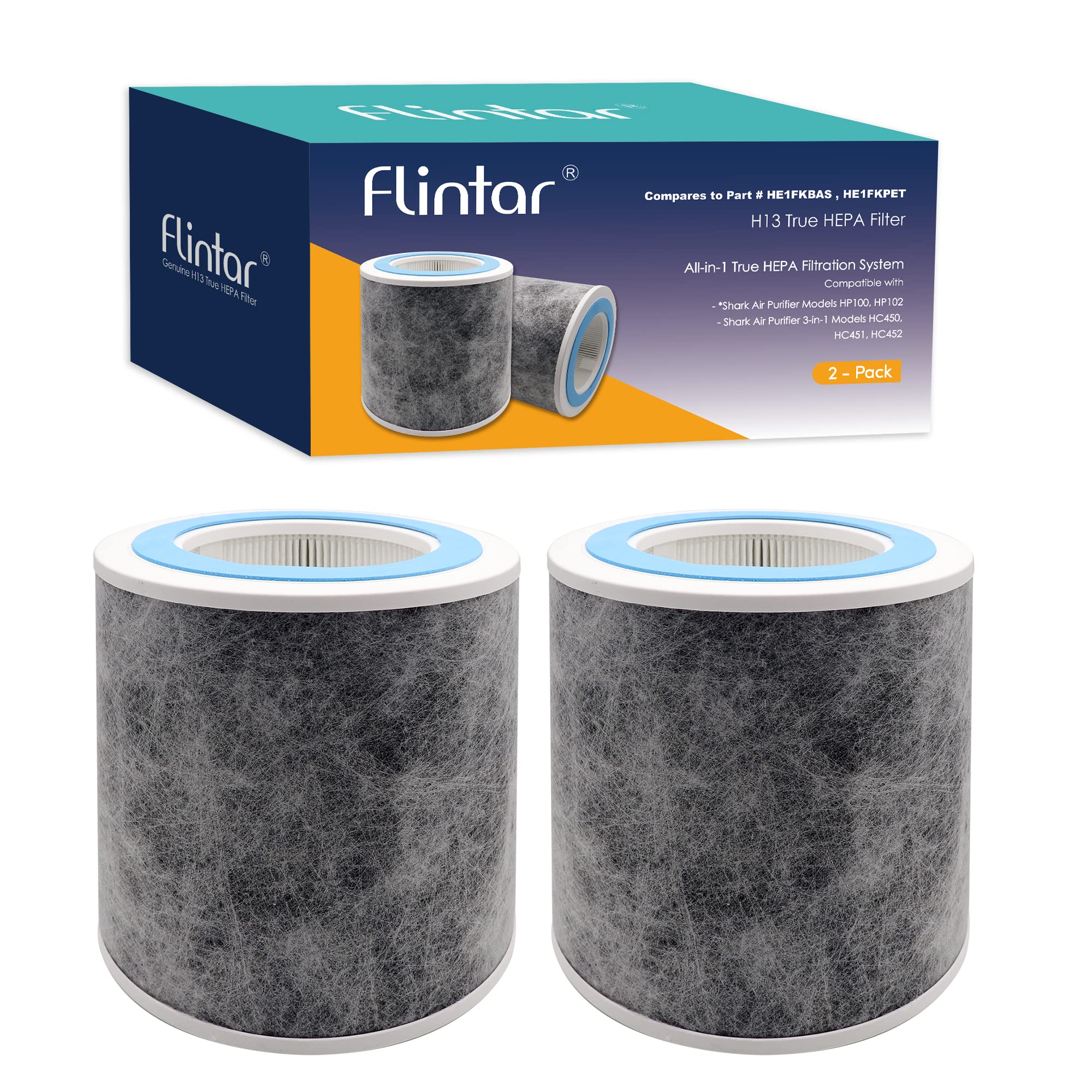 Flintar HP102 True HEPA Replacement Filter, Made in TAIWAN, Compatible with Shark Air Purifier HP100, HP102, HC450, HC451, HC452, HC455, Compares to Part # HE1FKBAS and HE1FKPET (2-Pack)