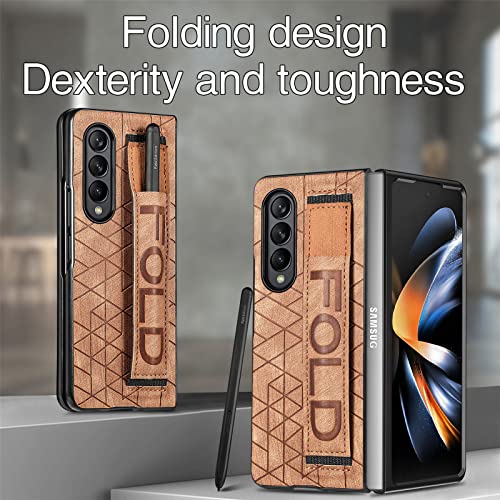 EAXER for Samsung Galaxy Z Fold 3 5G Case, Luxury Fashion Leather Case Cover with Wristband Strap & S Pen Holder Folding PU Leather Phone Case (Brown)