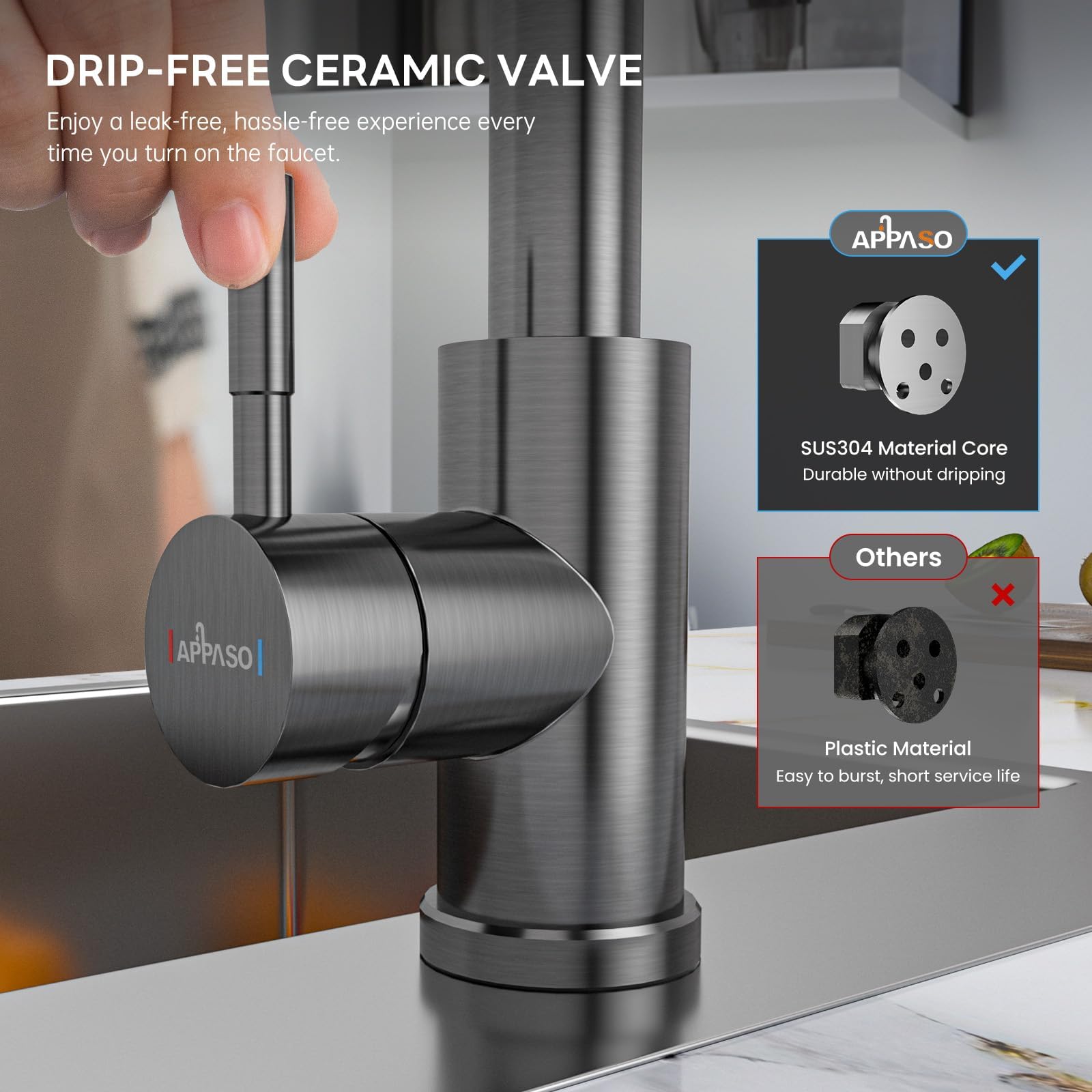 APPASO Waterfall Kitchen Faucet with Pull Down Sprayer, Black Stainless Kitchen Faucet with Sprayer 3 Modes, Gunmetal Gray Stainless Steel 360° Swivel Kitchen Sink Faucet, Single Handle Kitchen Faucet