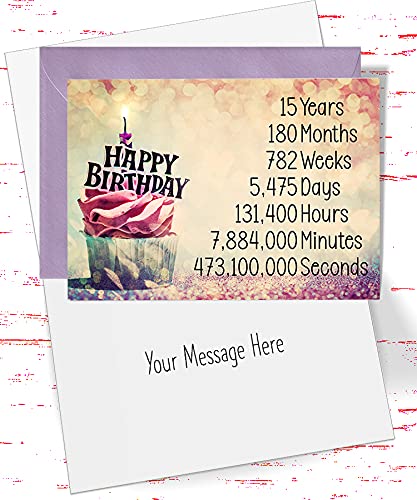 Audacious Cards 15th Birthday Card - Happy Birthday Cupcake Card Years, Months, Weeks, Days, Hours, Cute Card for 15 Year Old