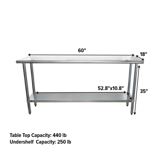 Express KitchQuip NSF Certified Heavy Duty Stainless Steel Prep Table for Home & Commercial Use with Galvanized Shelf, Legs, & Optional Wheels