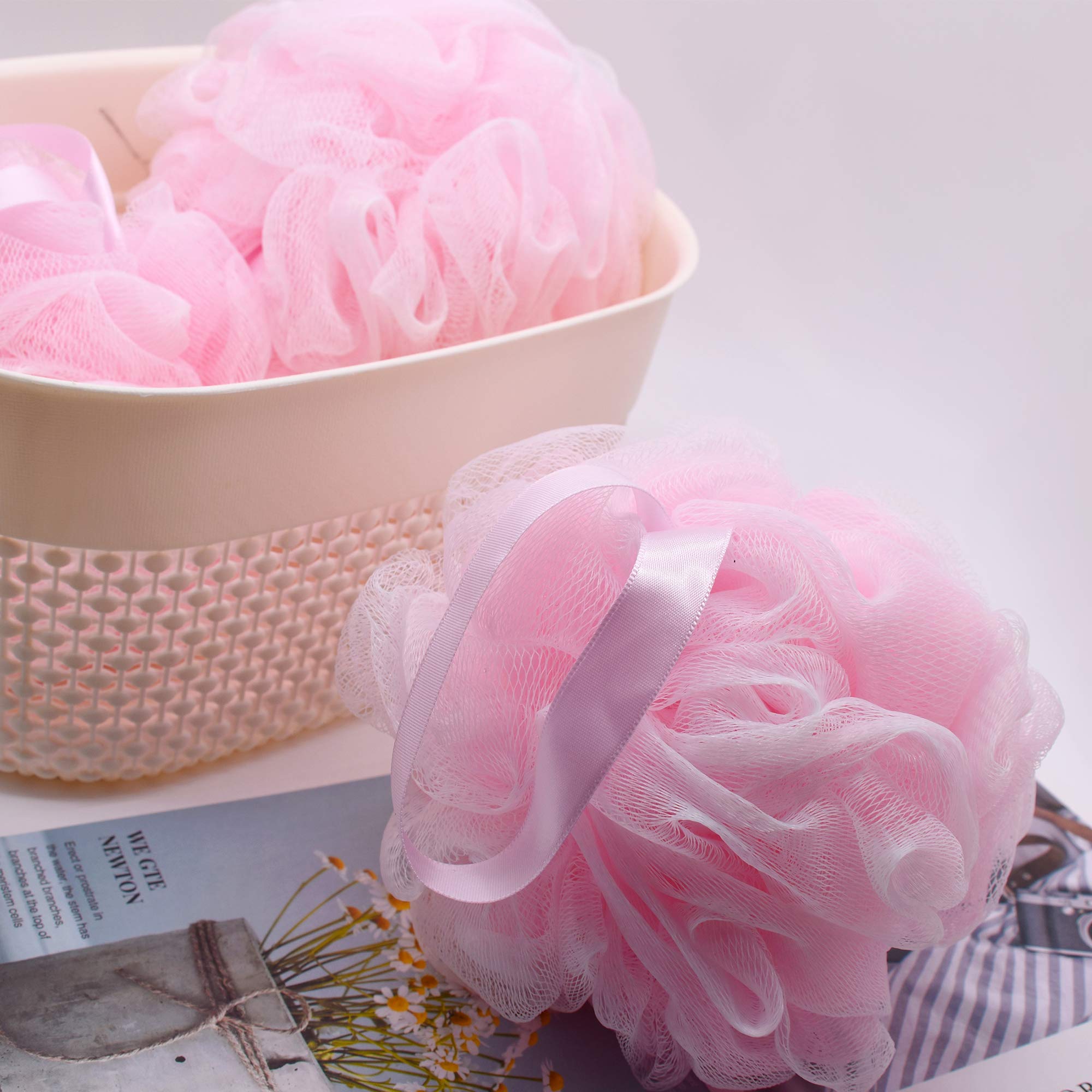 5 Pack Bath Sponge Shower Loofahs Poufs Large Soft Body Scrubber Exfoliating for Silky Skin Mesh Poufs for Men and Women 65g/Pcs (Pink Large)