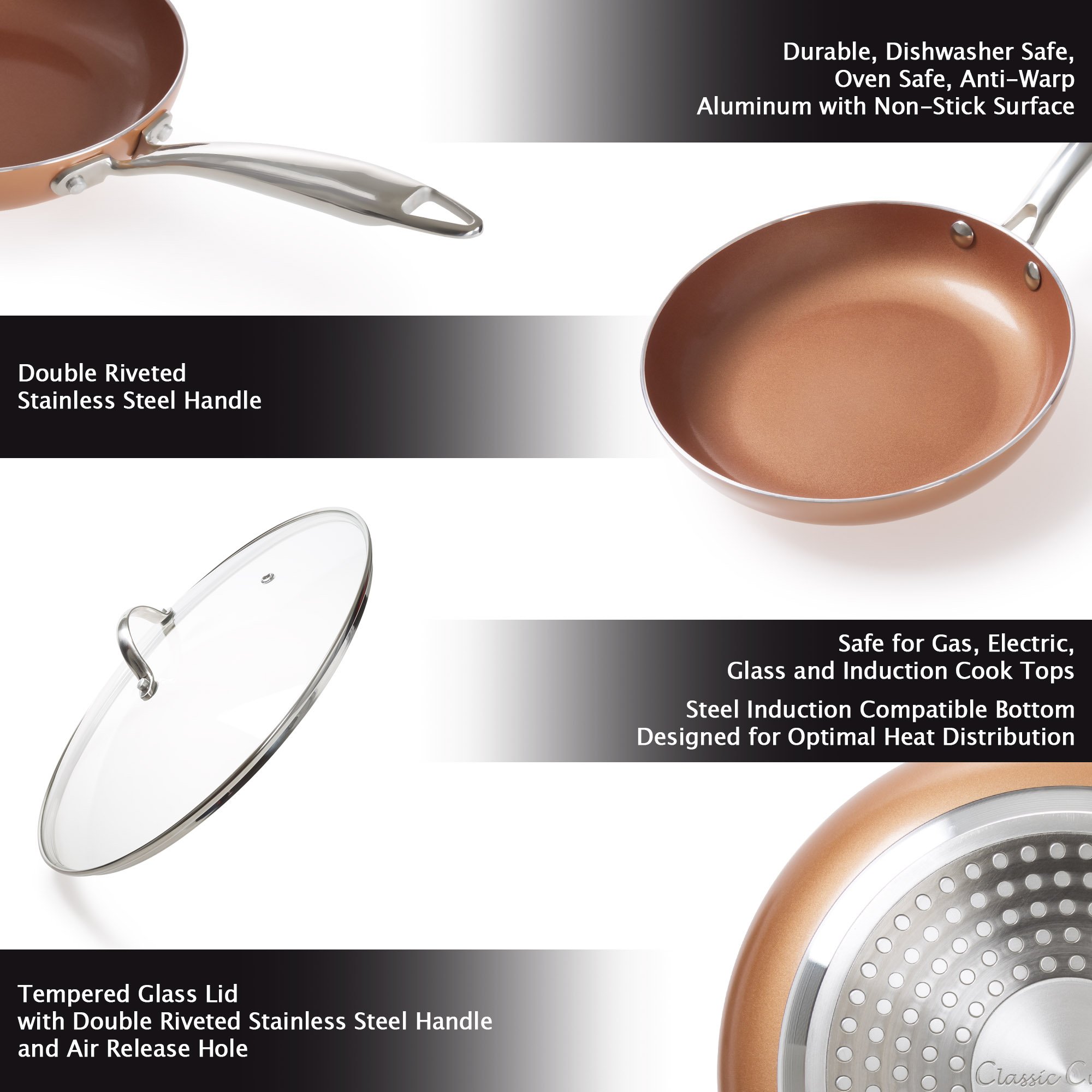 8 Pc Cookware Set with 2 Layer Nonstick Ceramic Coating, Tempered Glass Lid, Copper Color Finish Dishwasher Oven Safe Allumi-Shield by Classic Cuisine