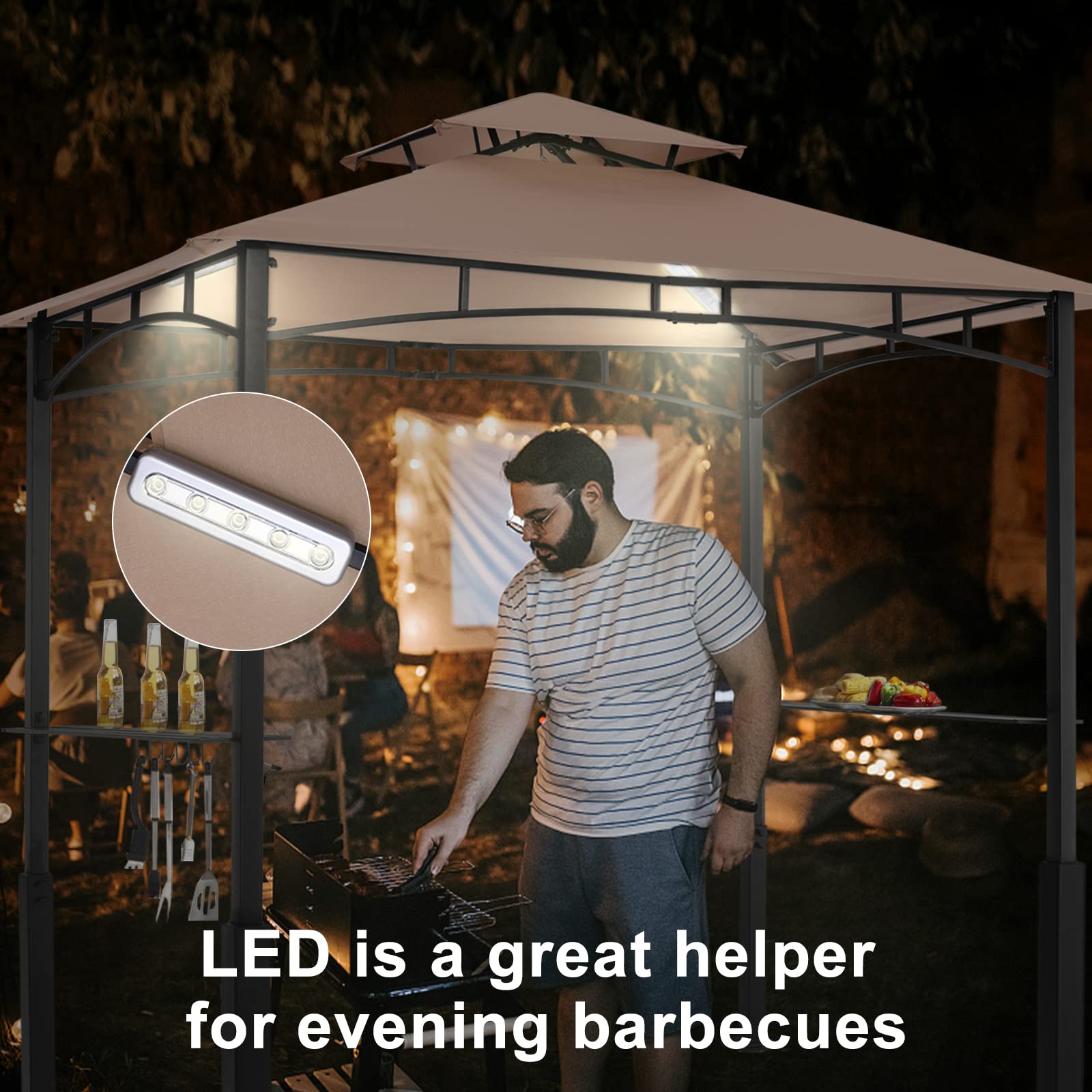 ABCCANOPY 8'x 5' Grill Gazebo Canopy - Outdoor BBQ Gazebo Shelter with LED Light, Patio Canopy Tent for Barbecue and Picnic (Khaki)