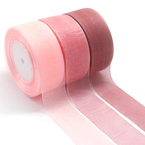 NICROLANDEE 3 Rolls Sheer Chiffon Ribbon 1.5InchĂ49 Yards Dusty Rose Fading Chiffon Ribbon for Gift Wrapping Wedding Gift Ribbon Bows Bouquets Wrapping Birthday Wreath Decorations