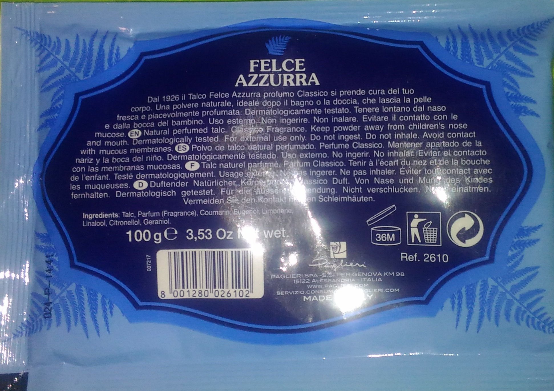 Paglieri: "Felce Azzurra" Refill Envelope, Classic Scent 3.53 Ounce (100gr) Packages (Pack of 12) [ Italian Import ]