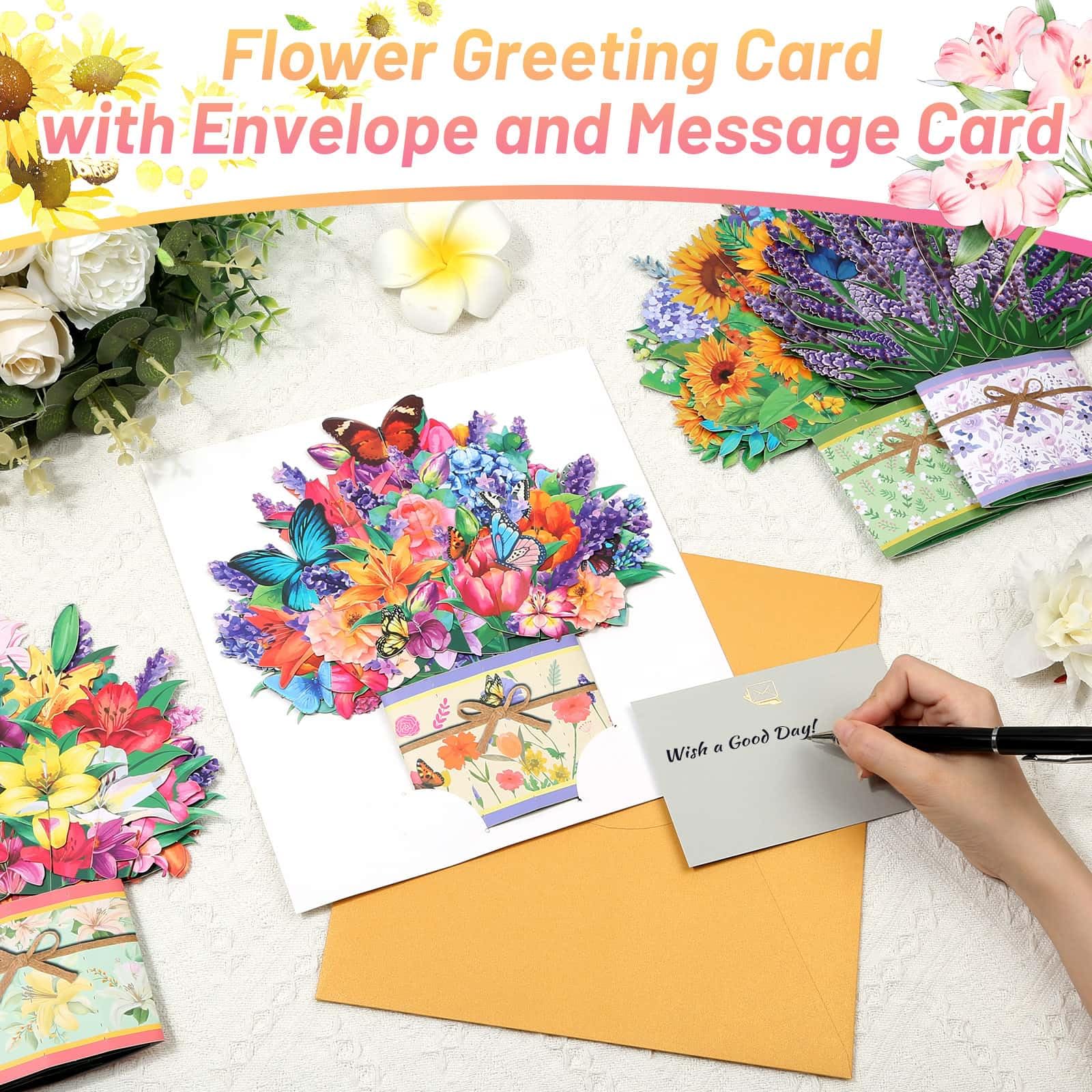 4Pack Paper Flower Pop Up Cards, Flower Bouquet Card Popup 3D Greeting Cards for Mother's Day, Graduation, Anniversary, Birthday, Congratulations, Get Well, Home Decor, with Envelope and Note