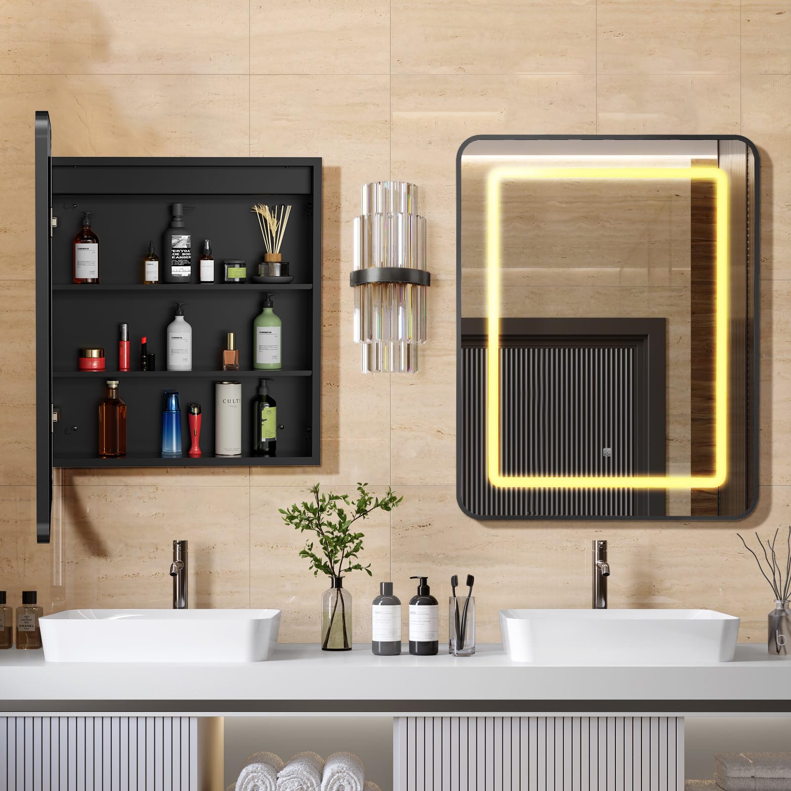 APRILSOUL 16X24 Inch Black Bathroom Medicine Cabinet with Mirror, Recessed or Surface Lighted Medicine Cabinet with 3 Colors Temperature, Dimmable Light
