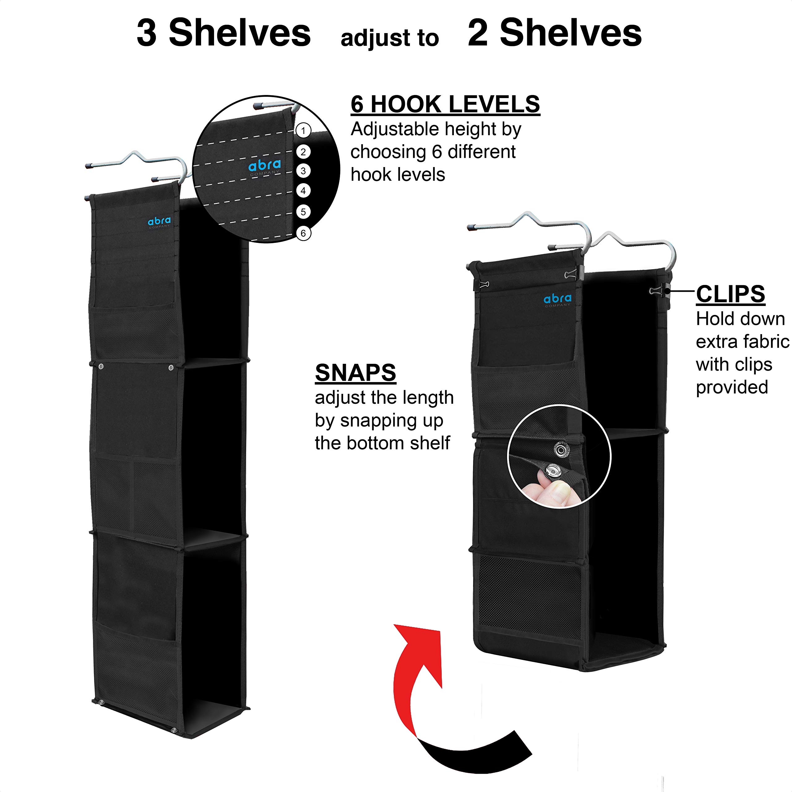 ABRA® 3 Shelf Hanging Locker Organizer for School, Work, Gym, Closet | Deep Shelves 6.5”x 9”| Eco-Friendly Fabric Healthy for Children | Adjustable School Locker Shelf from 3 to 2 Shelves (Pure Black)