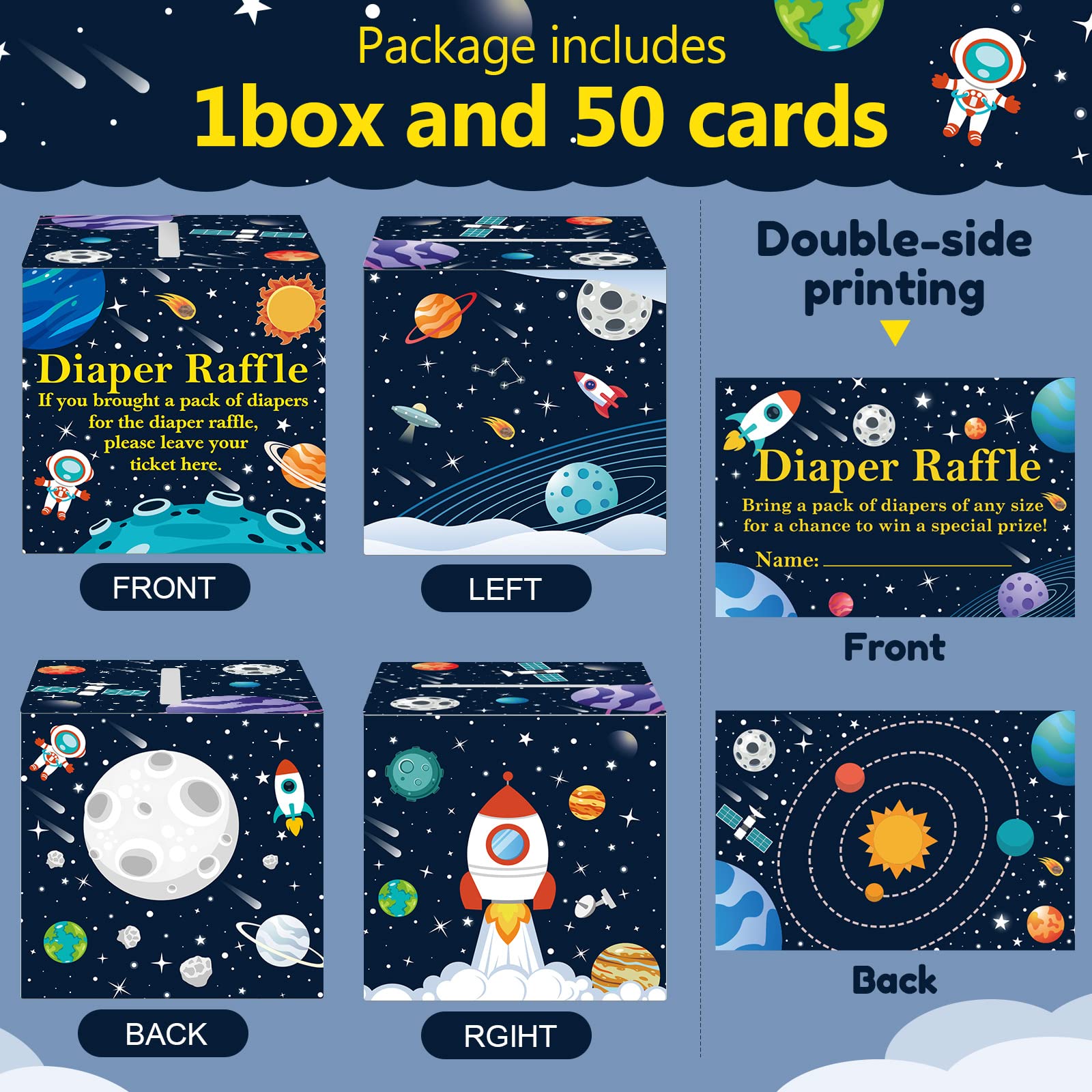 50 Pcs Diaper Raffle Tickets Outer Space Themed Baby Shower Game Home Party Decorations Rocket Universe Outer Space Box with Cards for Boys Baby Party Decorations Diaper Raffle Sign Box
