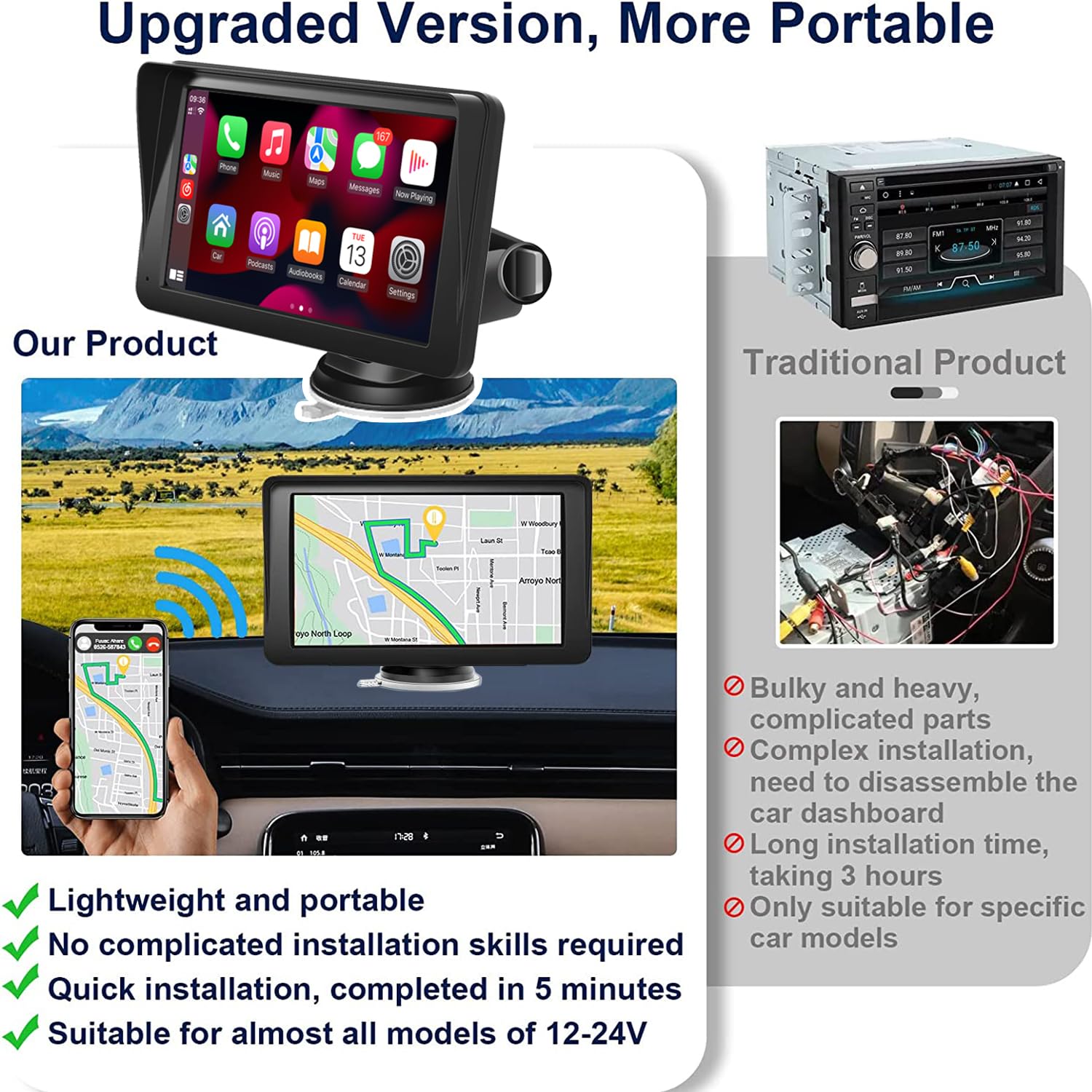 7" HD Car Stereo,Portable Wireless Touch Screen Apple CarPlay and Android Auto Automatic Multimedia Player,Car Stereo with Mirror Link/Siri/Bluetooth/Navigation Screen for All Vehicles